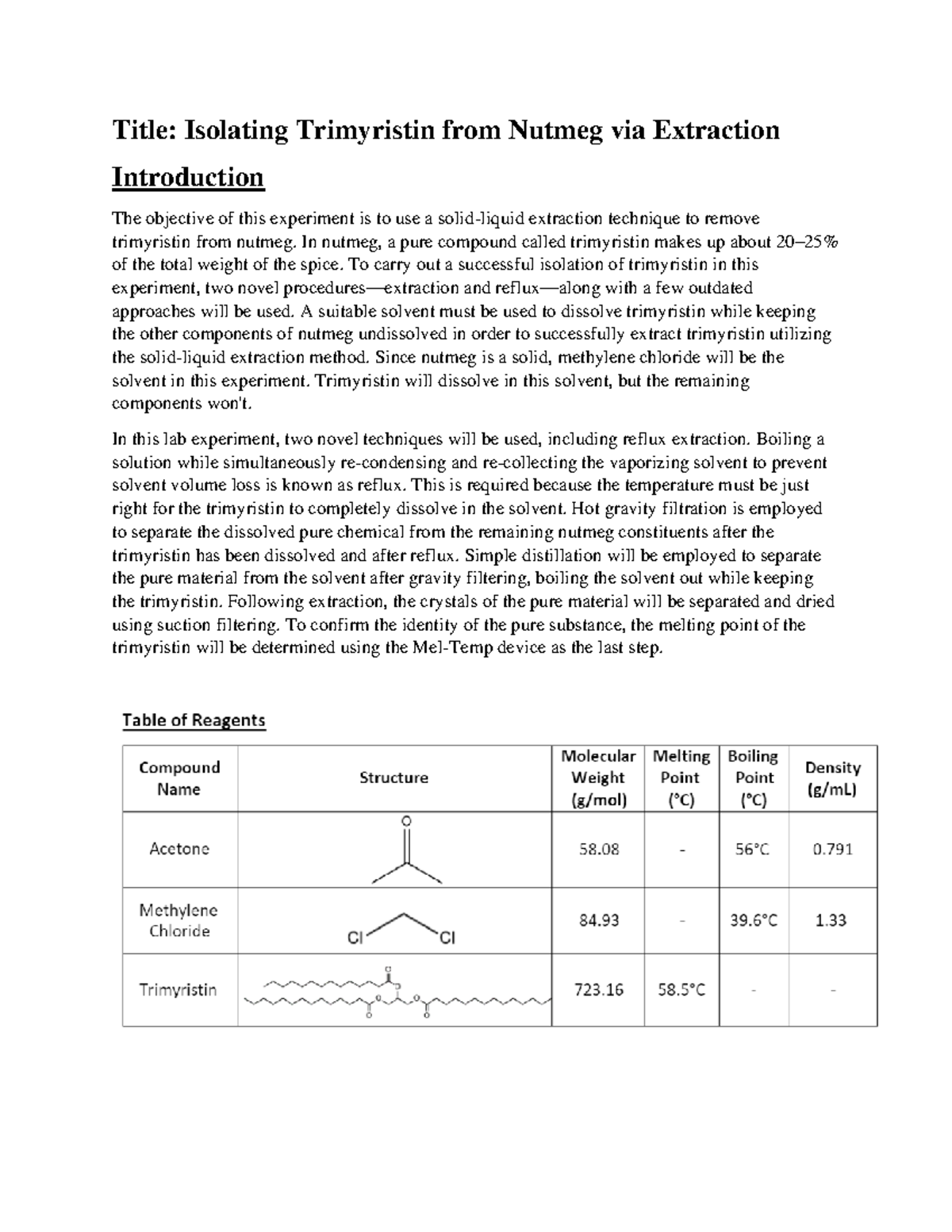 CHEM 2211L FULL Lab #3 Isolating Trimyristin from Nutmeg via Extraction ...