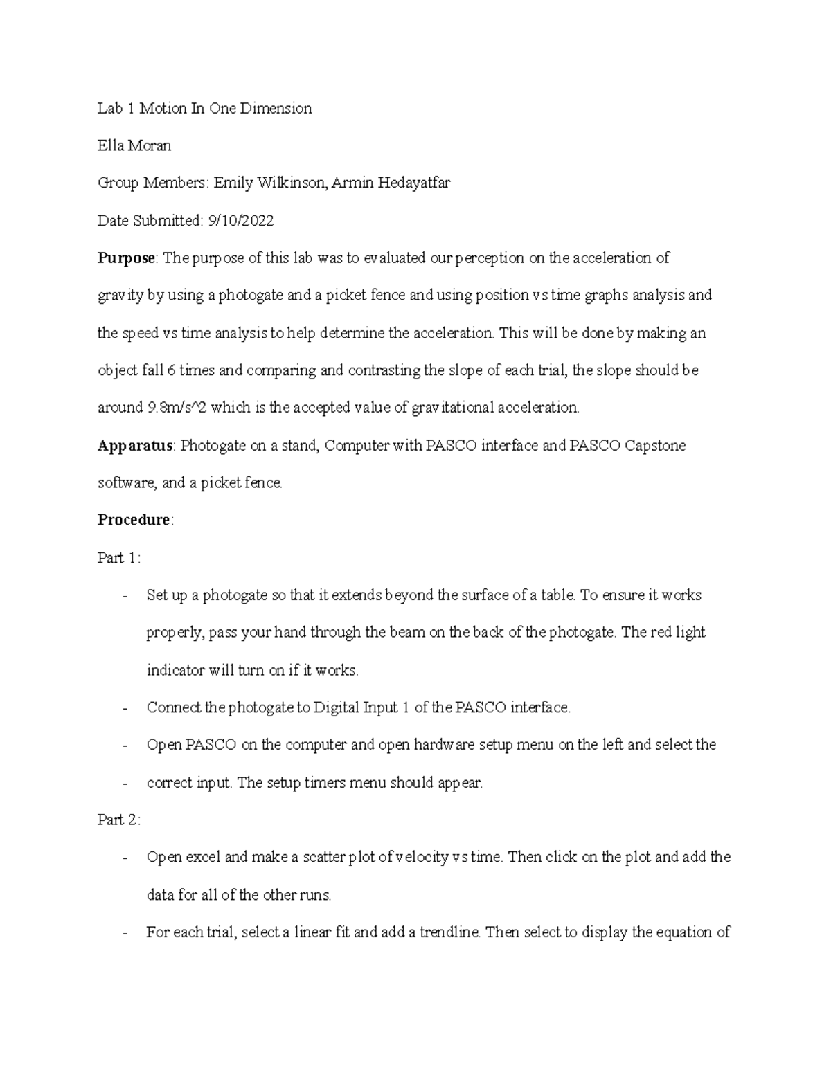 Lab 1 Motion In One Dimension - Lab 1 Motion In One Dimension Ella ...