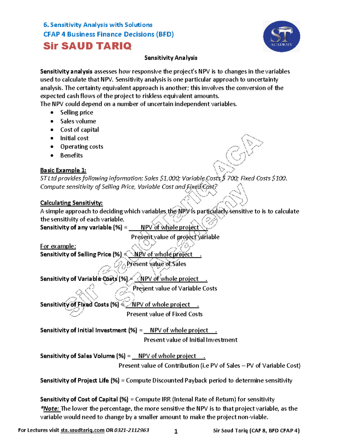 6.0 Sensitivity Analysis with Solution Sir Saud Tariq ST Academy - CFAP 4 Business Finance ...