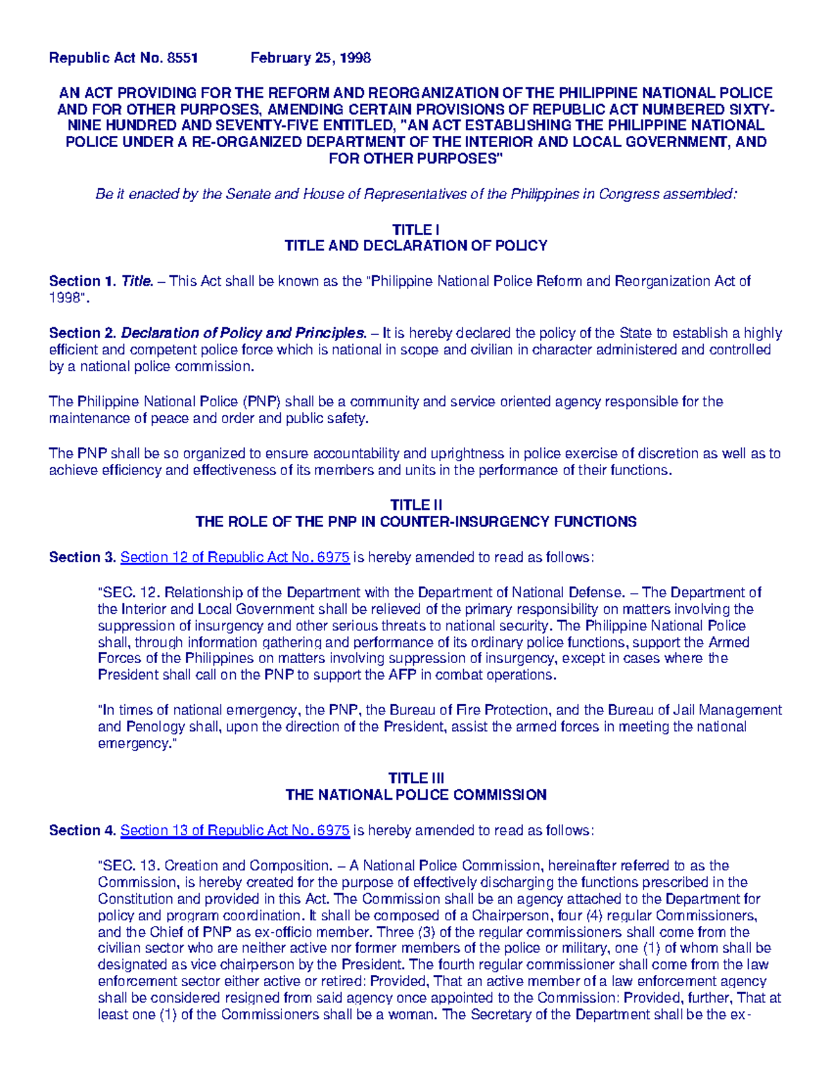 Republic ACT NO 8551 Republic Act No 8551 February 25 1998 AN ACT