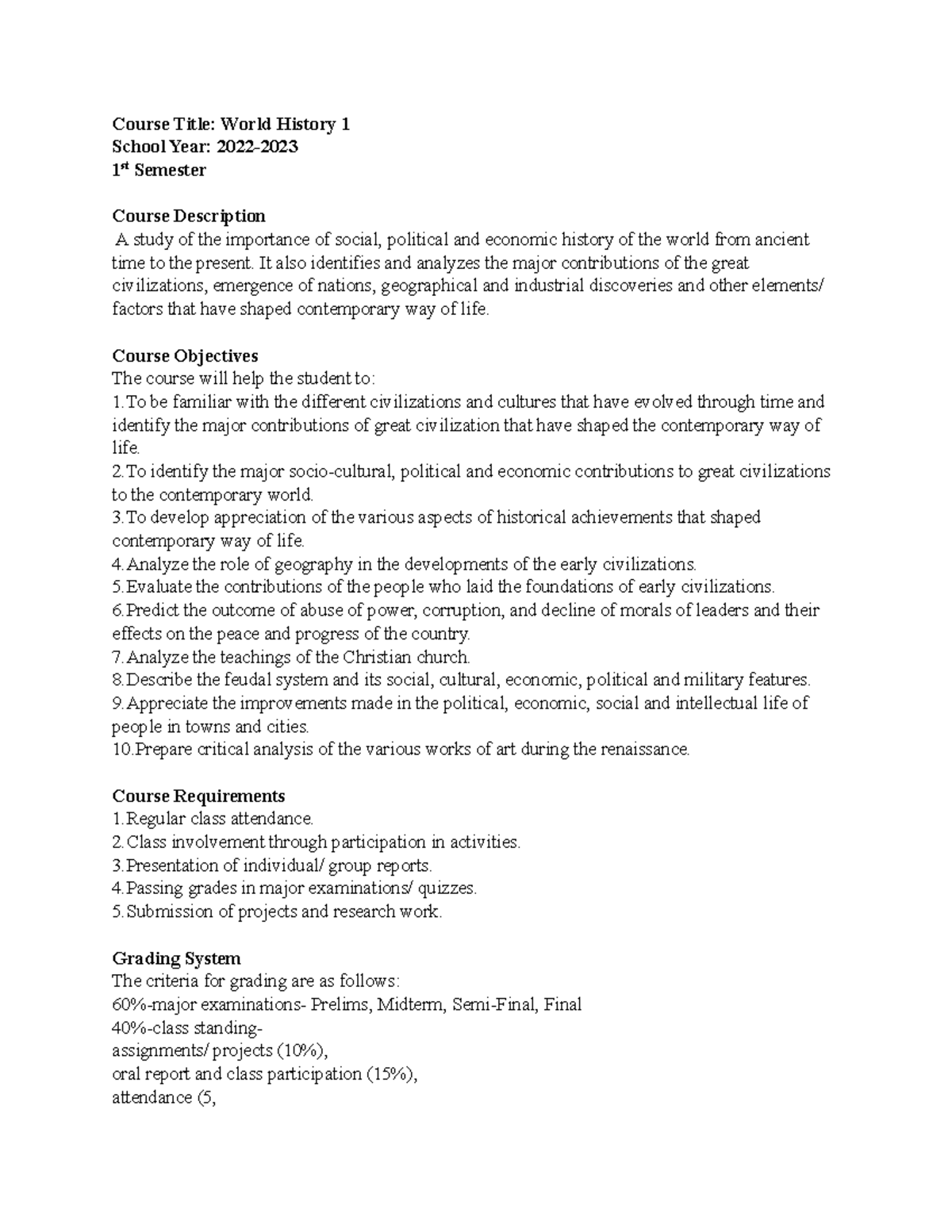 Syllabus World History 1 - Course Title: World History 1 School Year ...