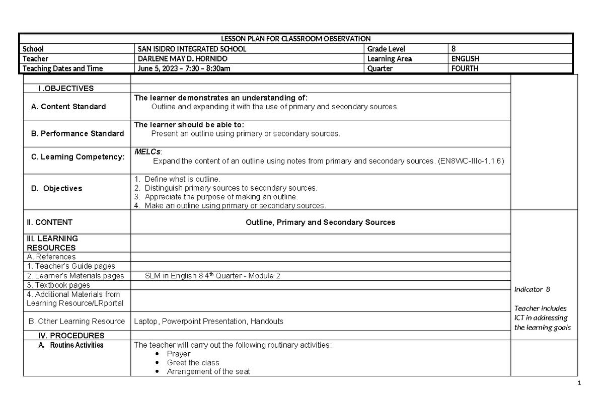 Lesson PLAN English 8 DEMO - I .OBJECTIVES A. Content Standard The ...