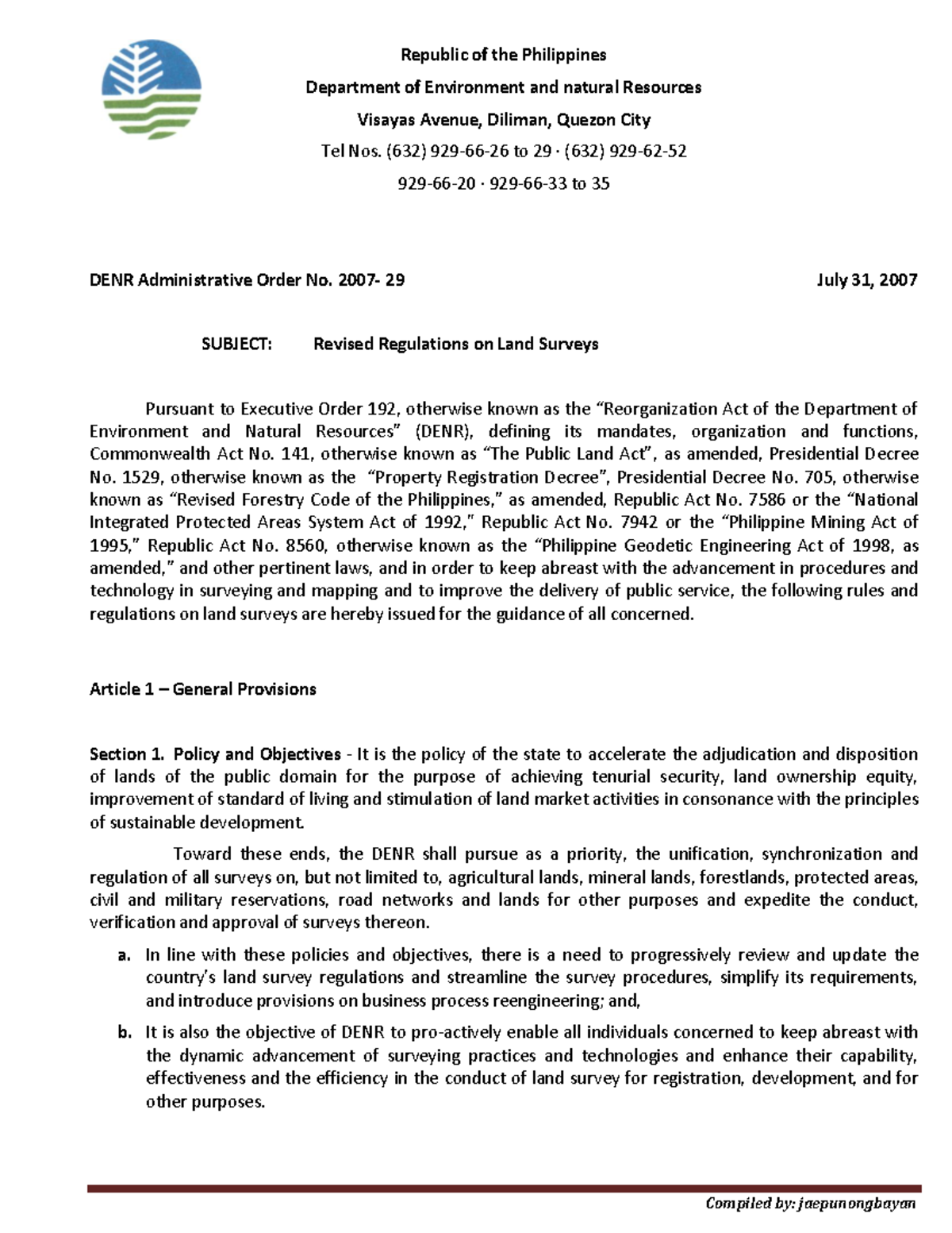 DENR Administrative Order No 2007 29 In The Philippines Republic Of DENR Administrative Order No 2007 29 In The Philippines Republic Of