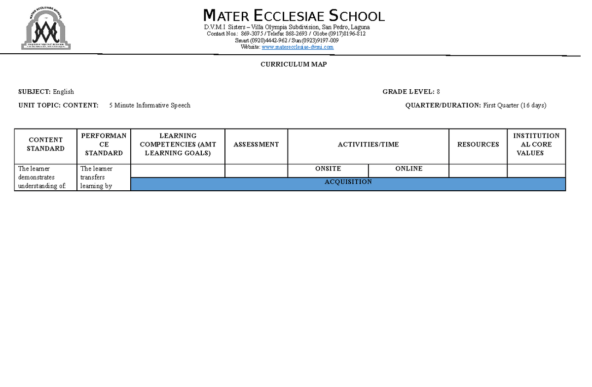 ENG8 1st-Qrtr-MES- Curriculum-MAP - CURRICULUM MAP SUBJECT: English ...