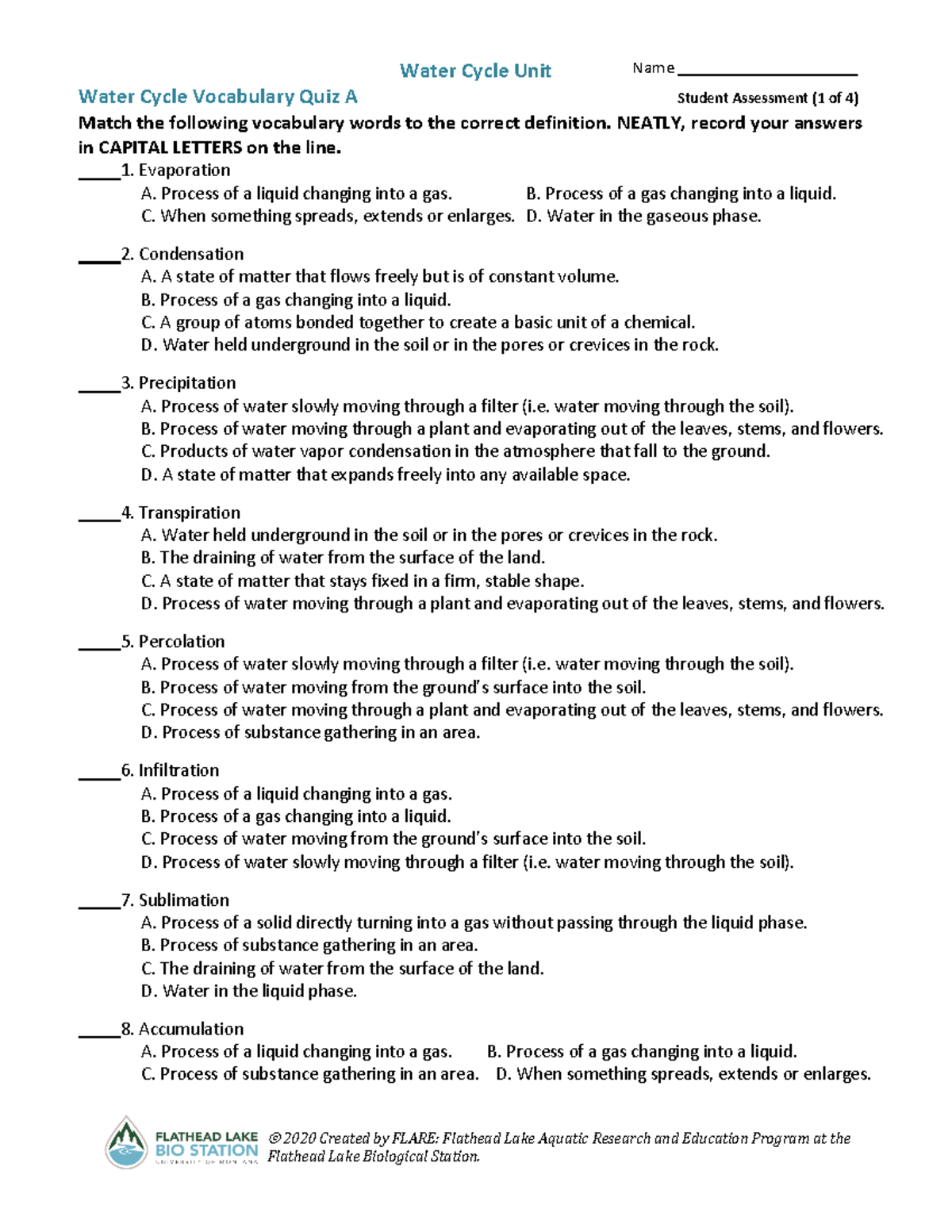 Flare water-cycle unit-vocabulary-quizzes - Water Cycle Unit 2020 ...