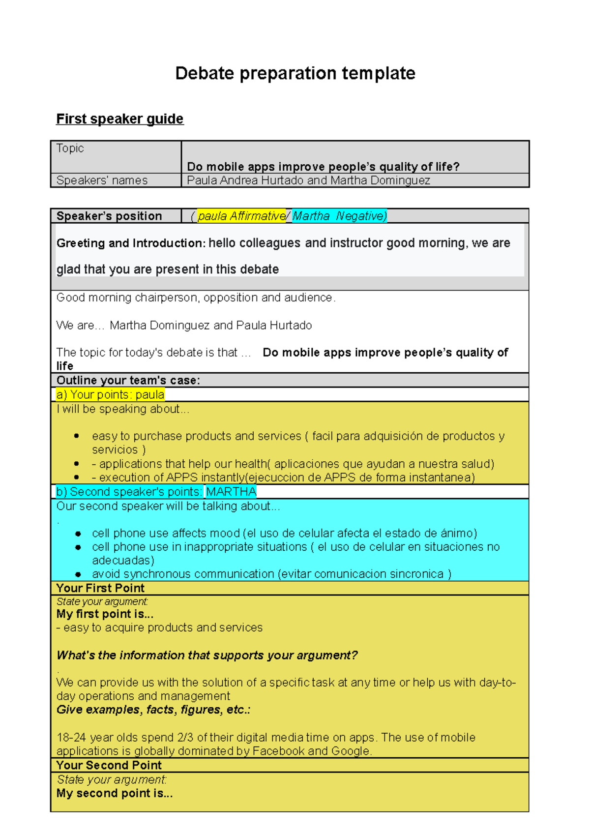 Debate Completo Ingles - Debate preparation template First speaker ...