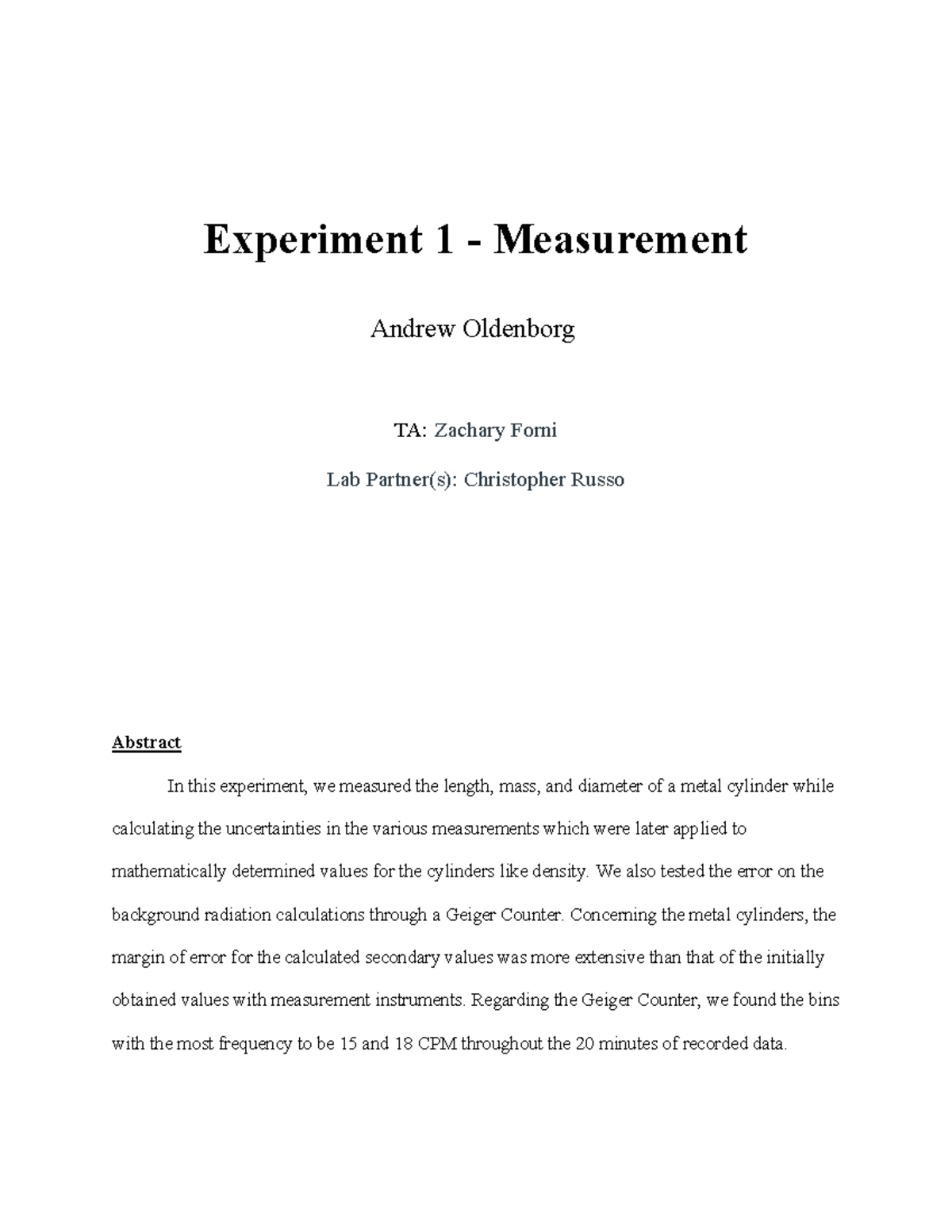Experiment 1 - Measurement - Experiment 1 - Measurement Andrew ...