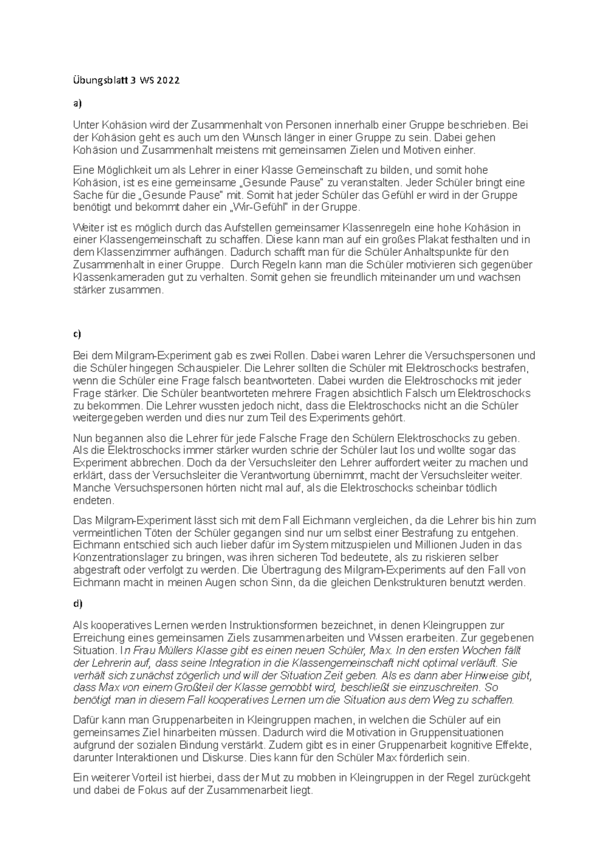 Übungsblatt 3 WS 2022 - Übungsblatt 3 WS 2022 a) Unter Kohäsion wird der Zusammenhalt von ...