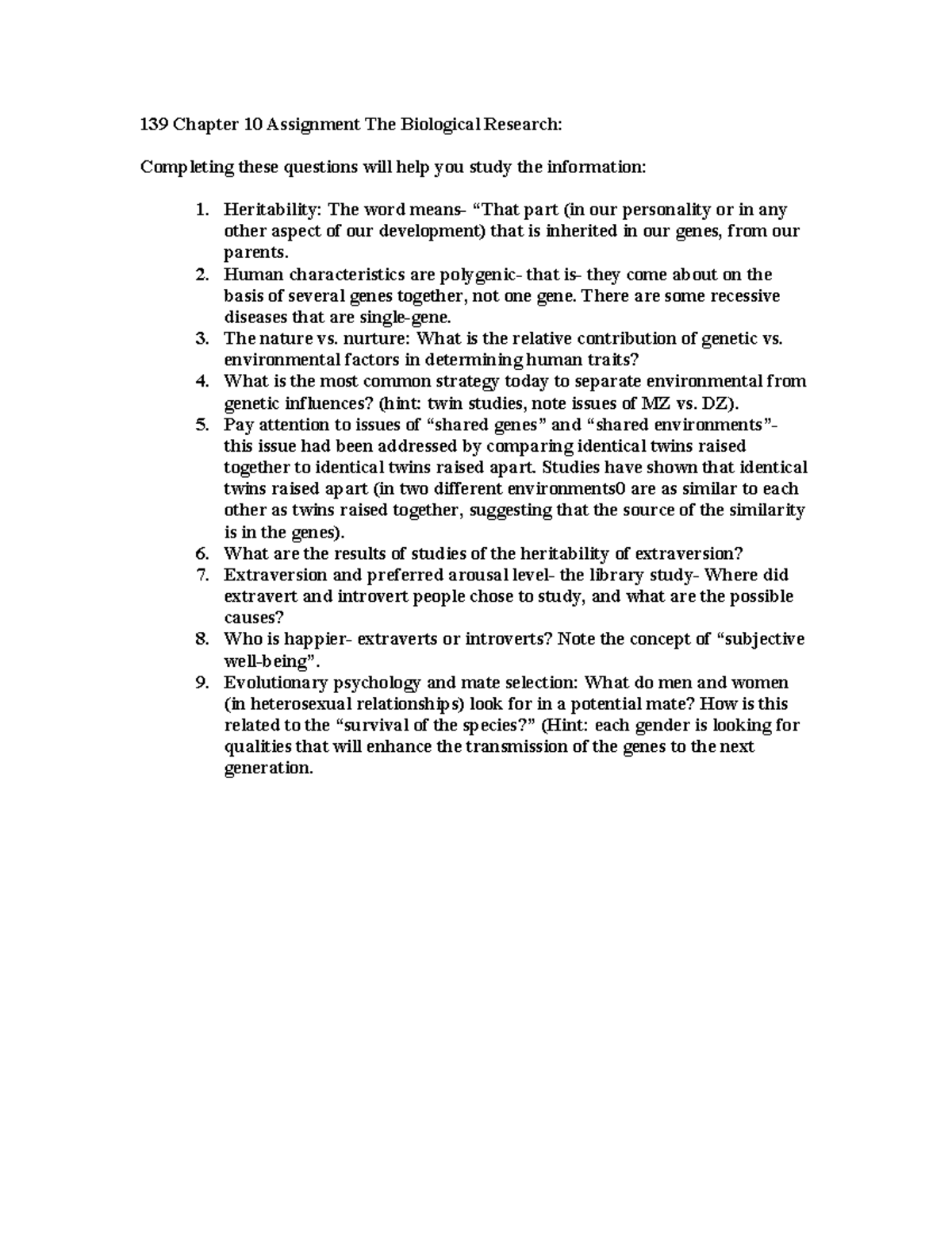 PSYC 139 Assignment 10 - 139 Chapter 10 Assignment The Biological ...