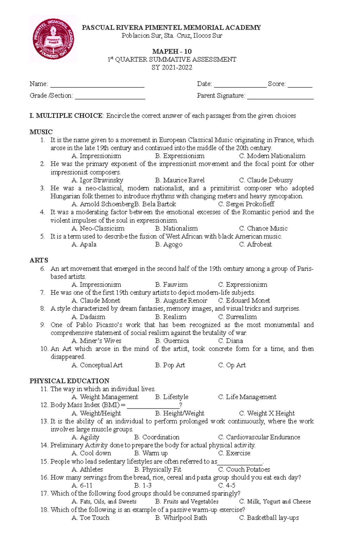 1st Quarter Summative Test in Mapeh 10 Edited PASCUAL RIVERA 