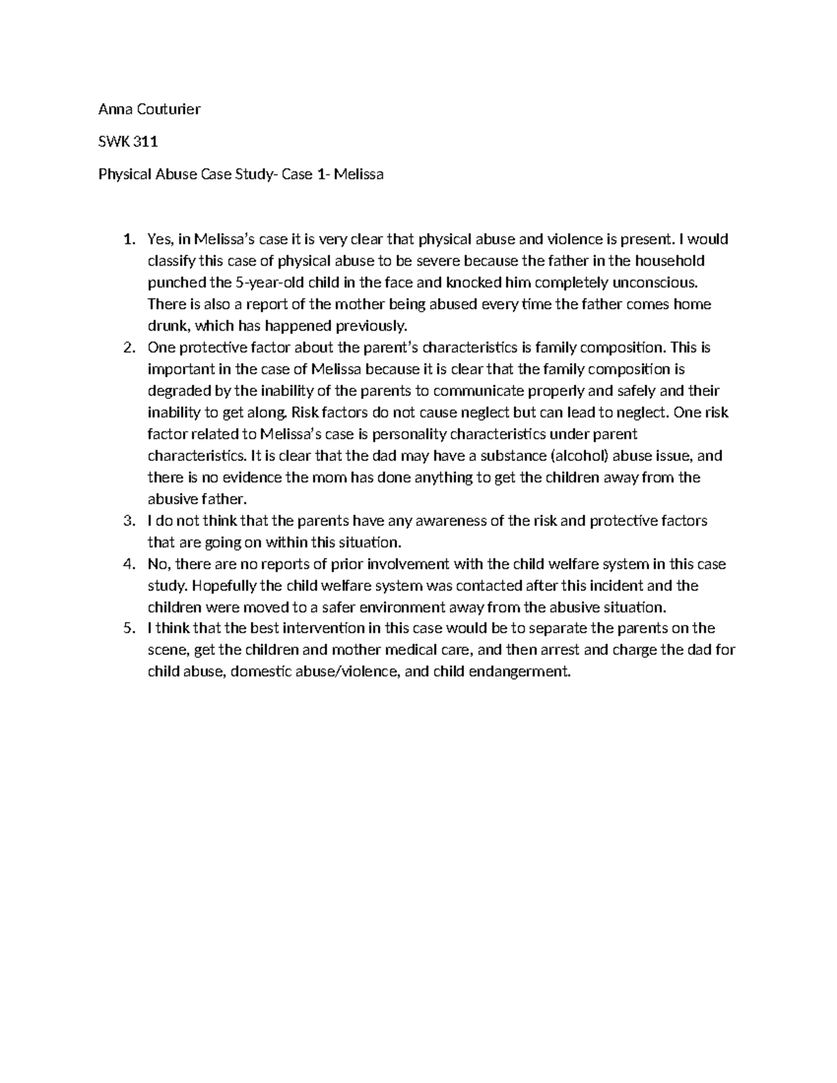 Couturier Physical Abuse Case Study - Anna Couturier SWK 311 Physical ...