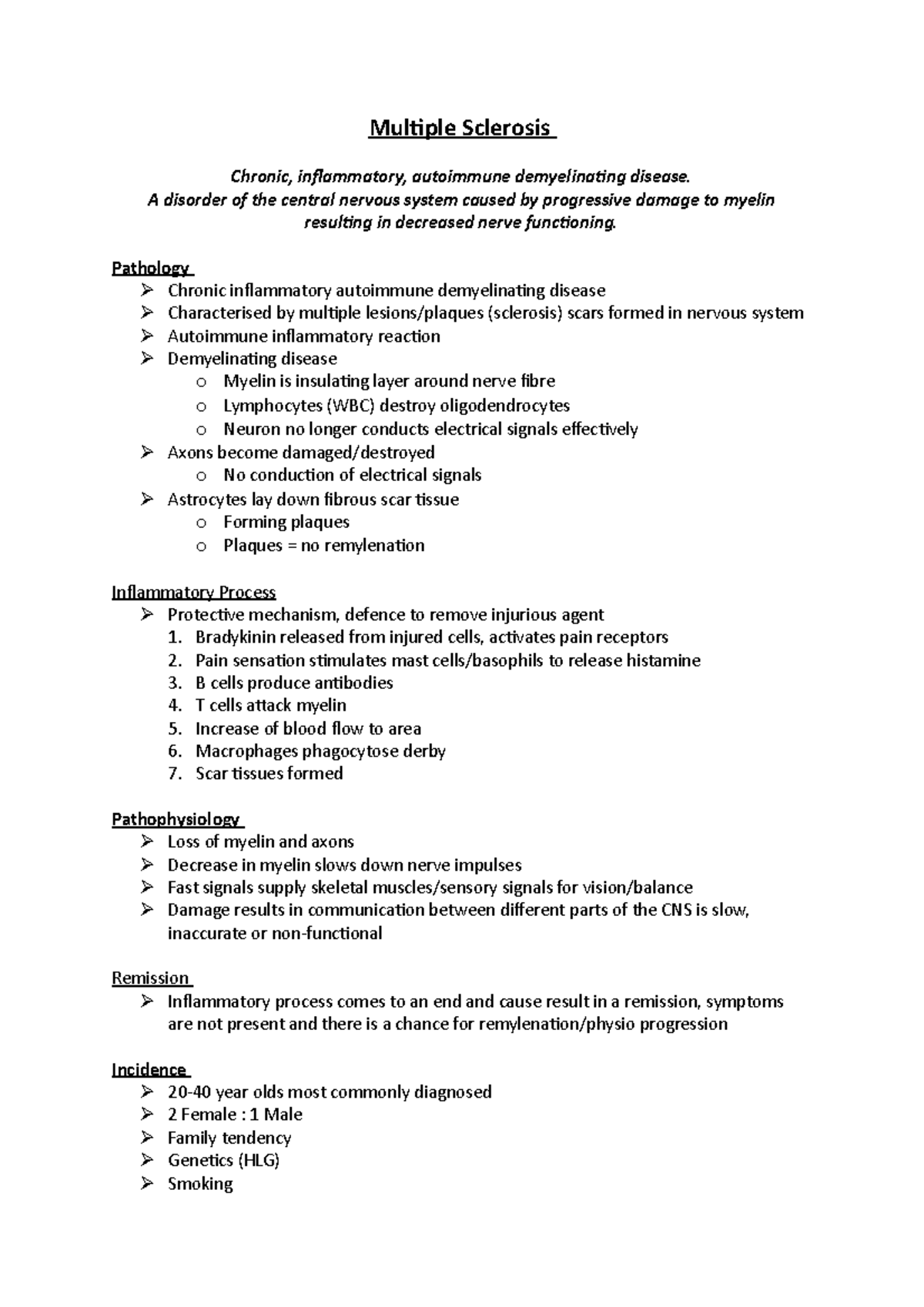 Multiple Sclerosis OSPE Summary Notes - Multiple Sclerosis Chronic ...