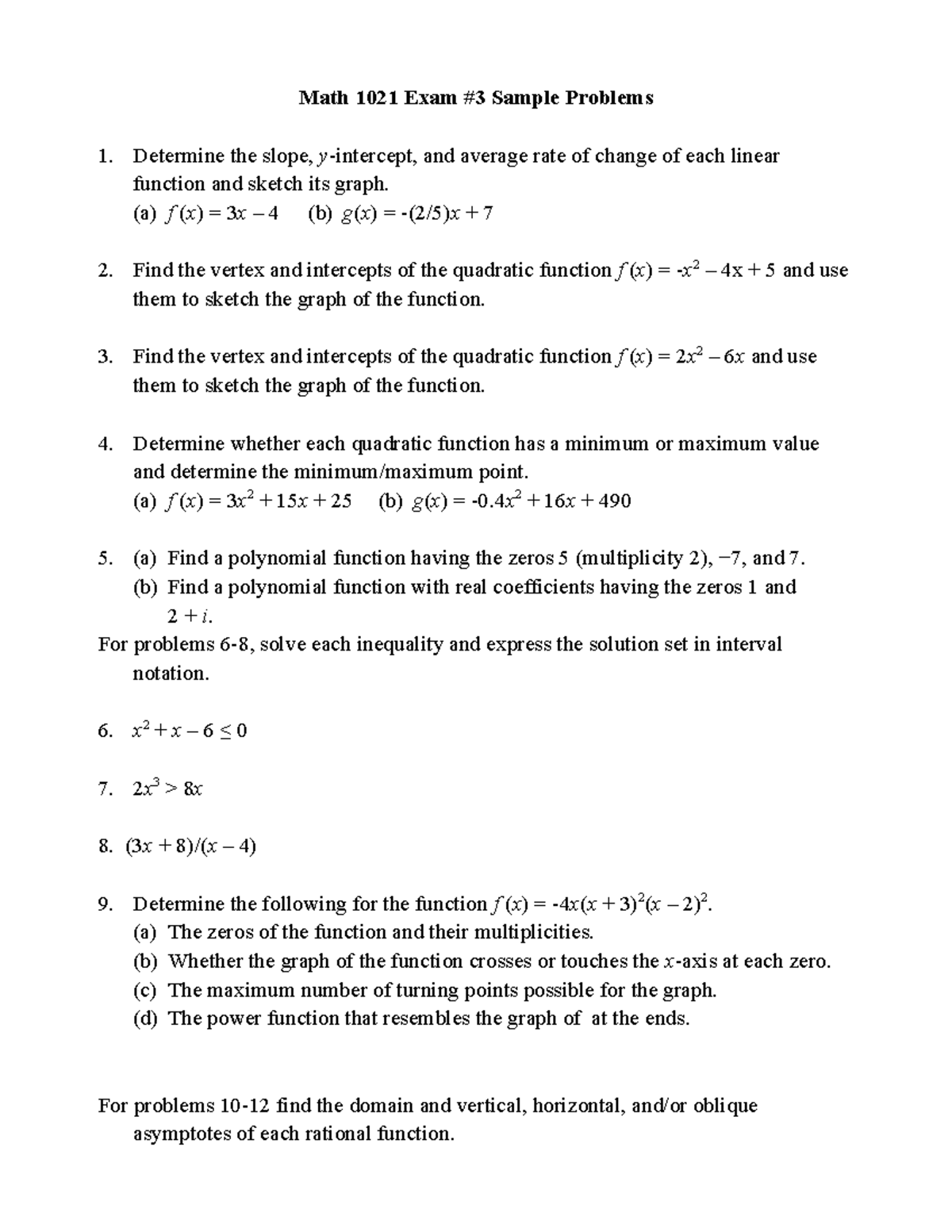 Math 1021 Exam 3 Sample Problems Math 1021 Exam 3 Sample Problems