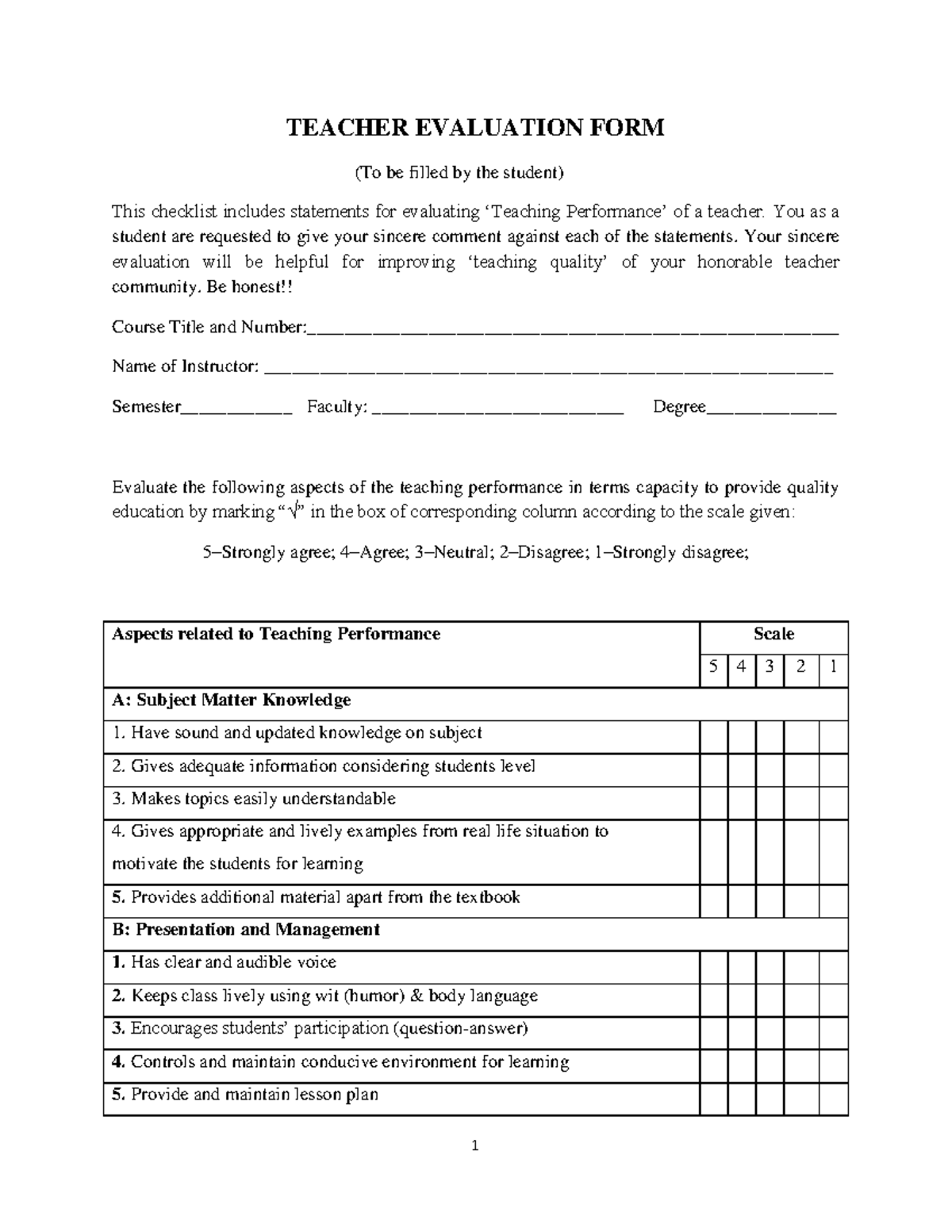 Teacher-Evaluation-form - 1 TEACHER EVALUATION FORM (To be filled by ...