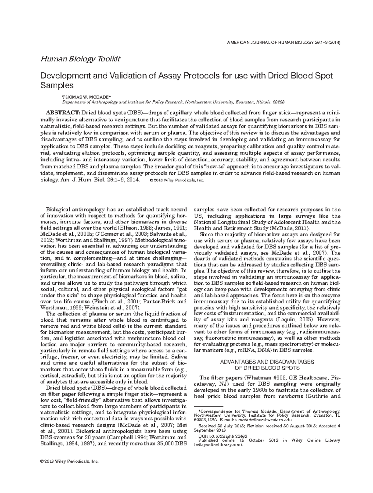 Mc Dade 2014 - DBS Assay Development - Human Biology Toolkit ...