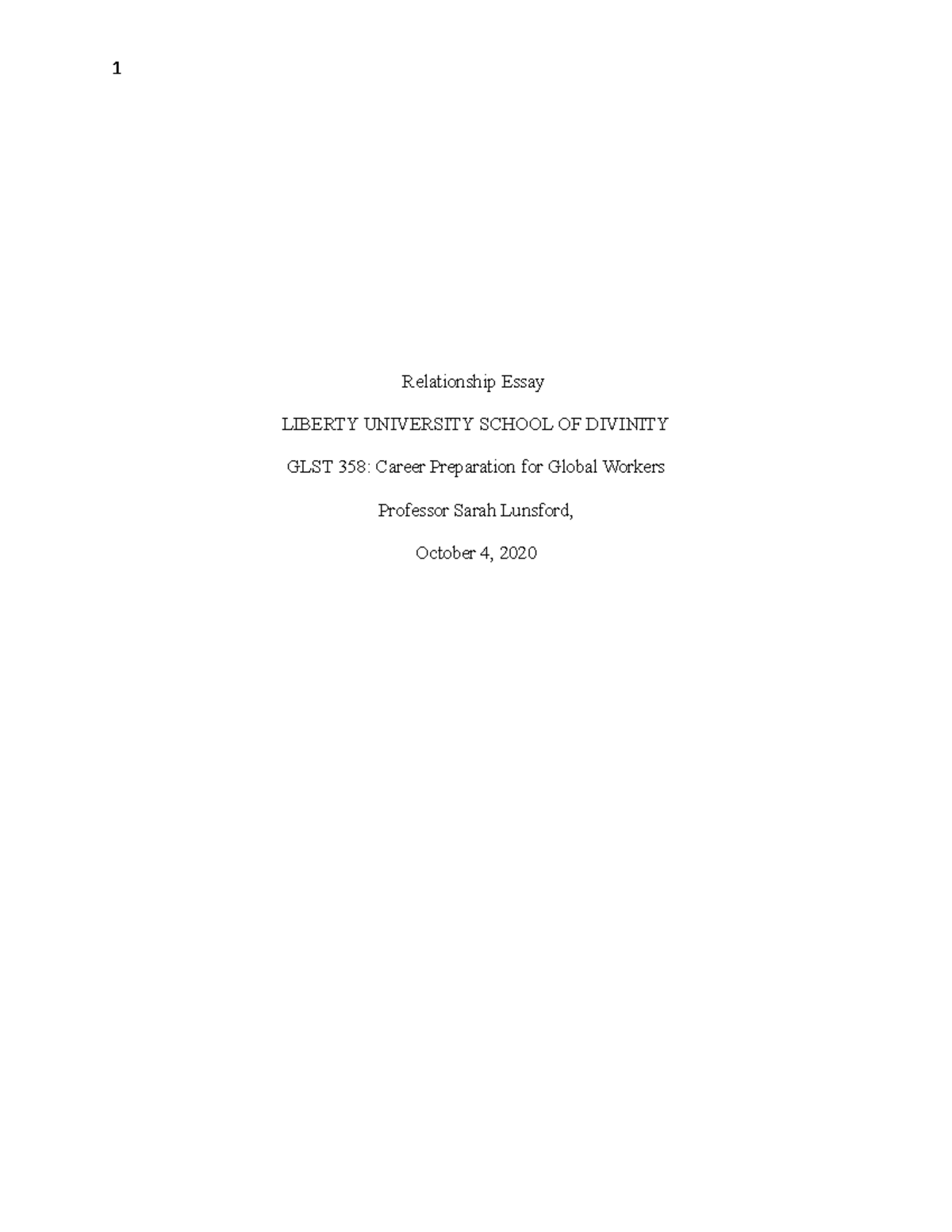 Relationship Essay 385 - Relationship Essay LIBERTY UNIVERSITY SCHOOL ...