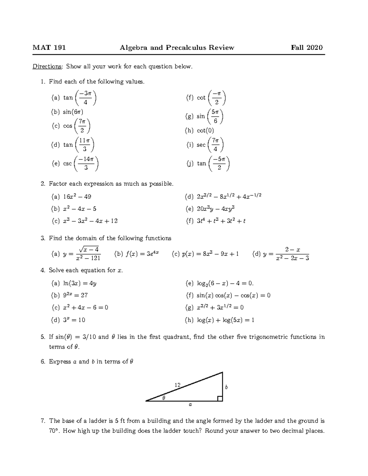 Algebra Precalc Review - MAT 191 Algebra and Precalculus Review Fall ...