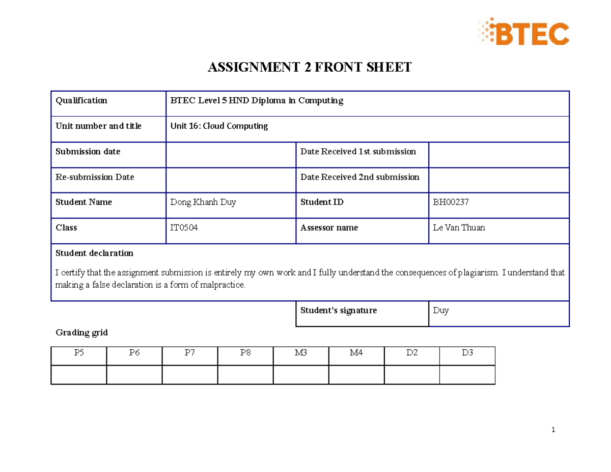 ASM2 Cloud Computing 1st - ASSIGNMENT 2 FRONT SHEET Qualification BTEC Level 5 HND Diploma in ...