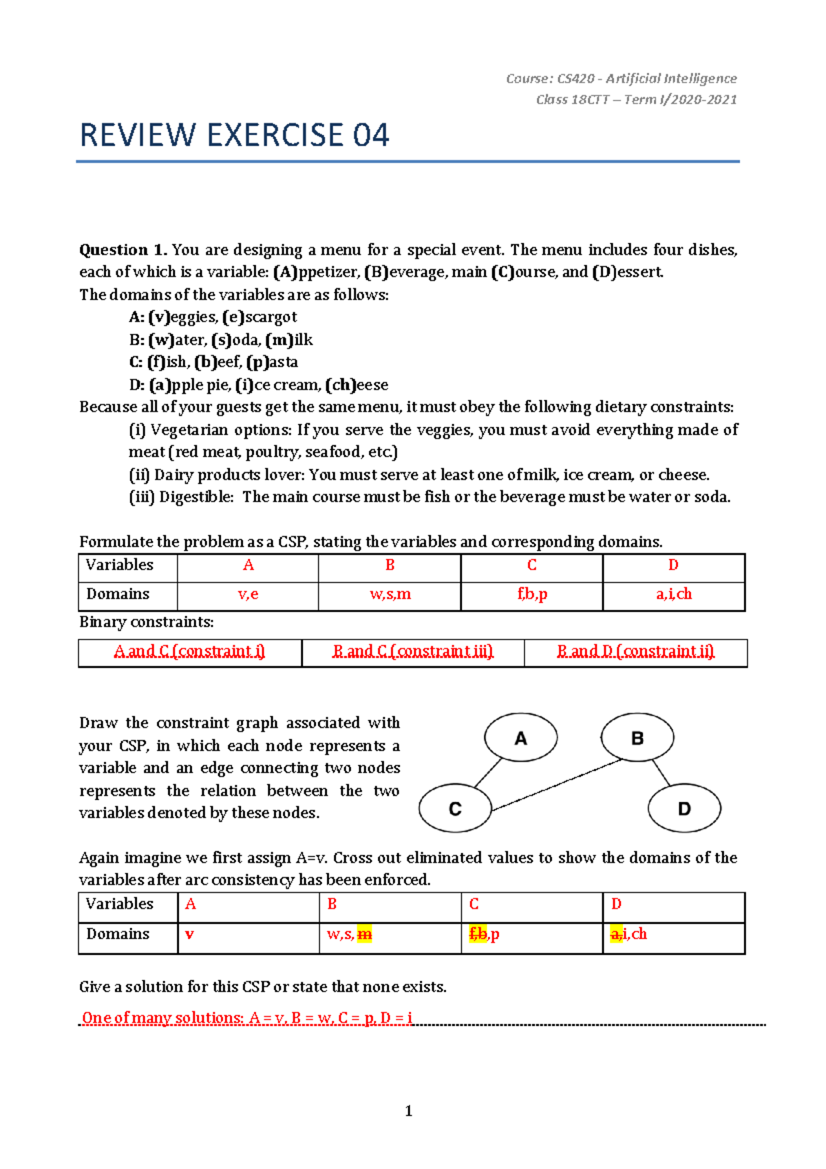 2021 Review Exercise 04 CSP Sol - 1 Course: CS420 - Artificial ...