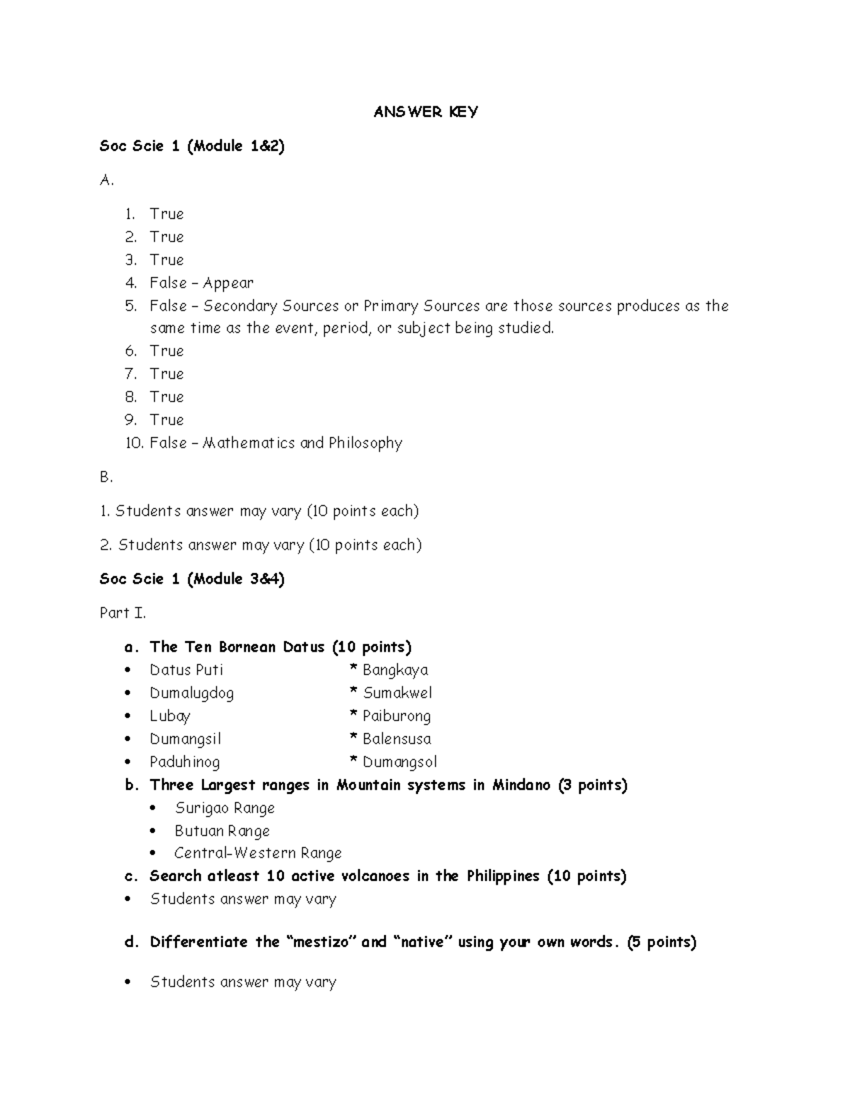 Answer KEY for Reading in Phil. History - ANSWER KEY Soc Scie 1 (Module ...