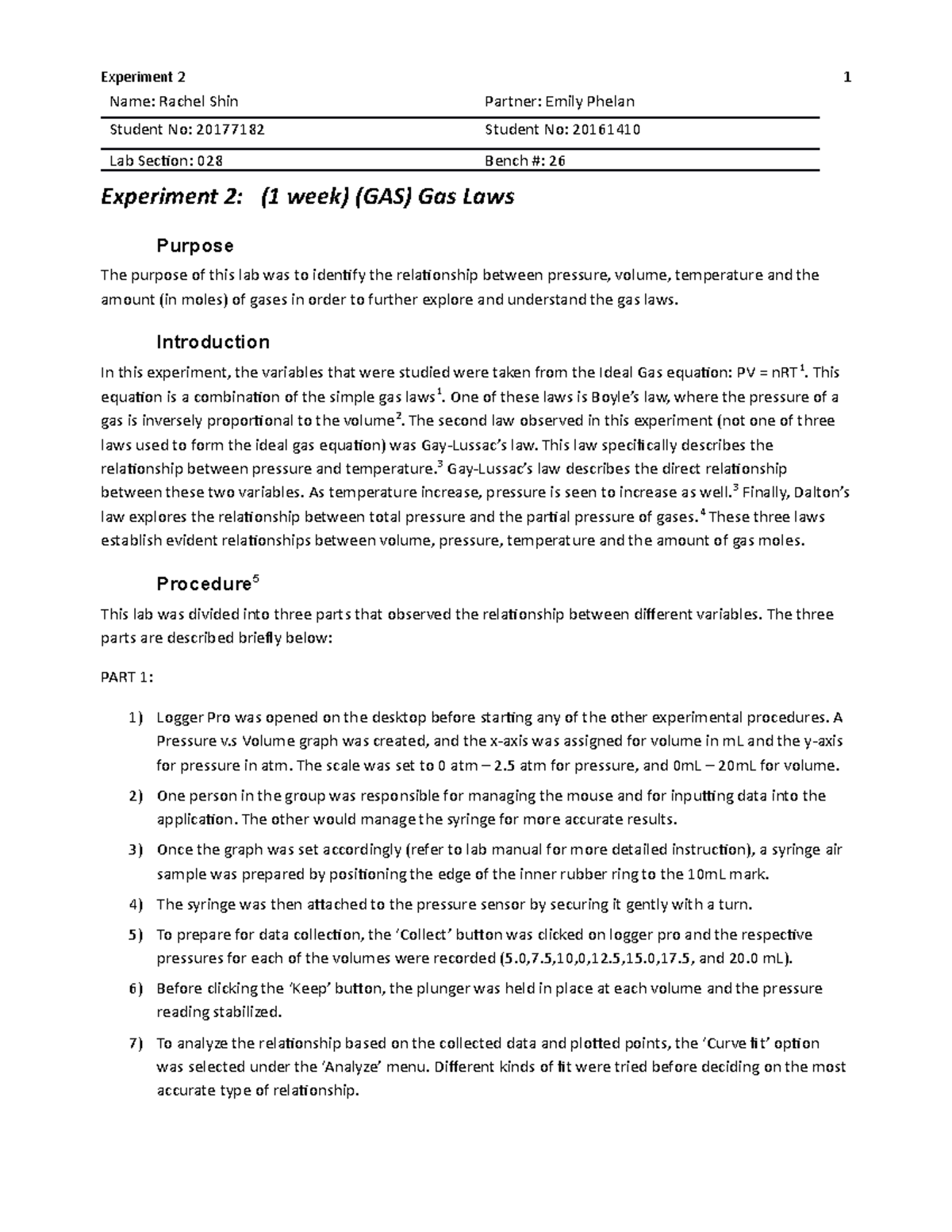 GAS LAWS LAB Final - lab - Experiment 2 Name: Rachel Shin Partner ...