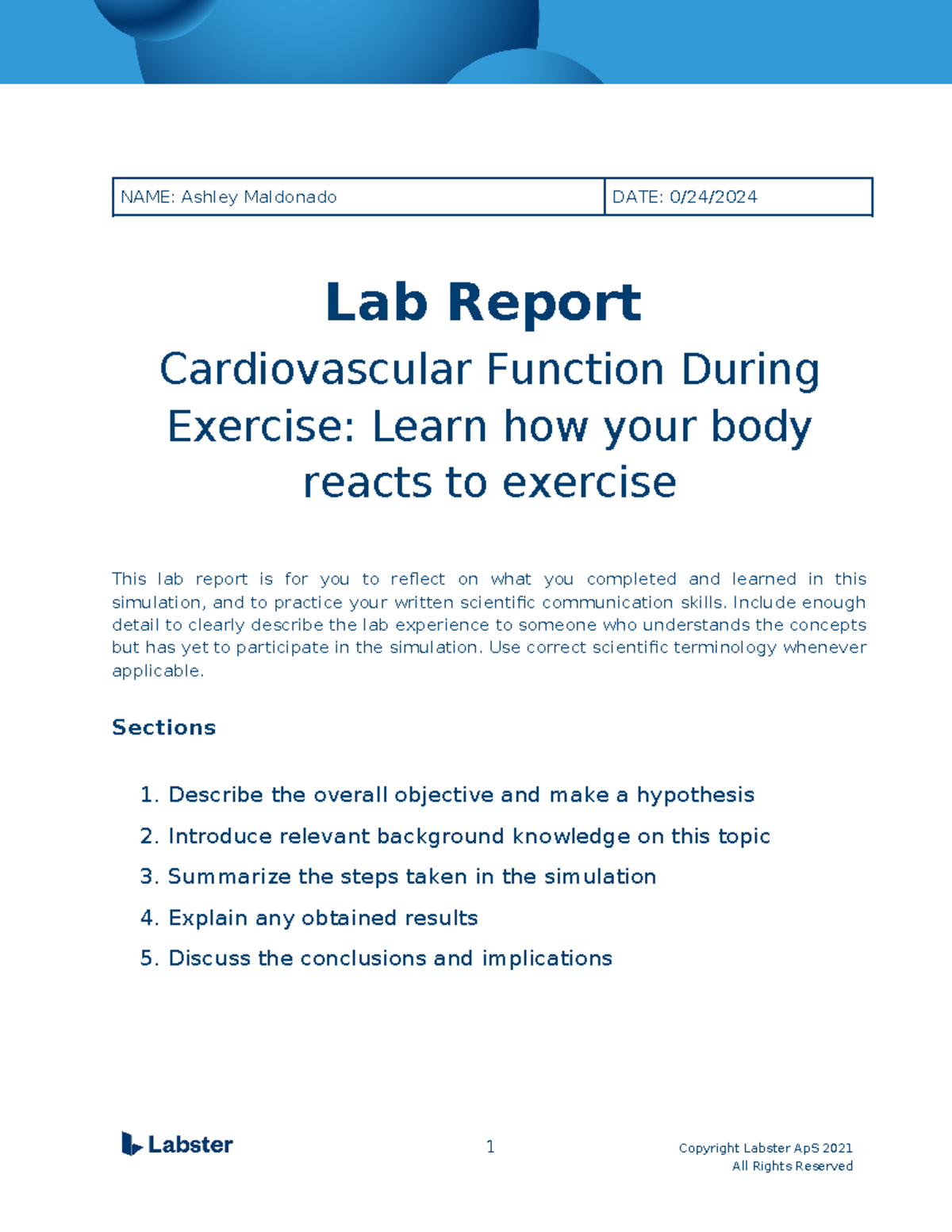 Lab Report Cardiovascular - NAME: Ashley Maldonado DATE: 0/24/ Lab ...