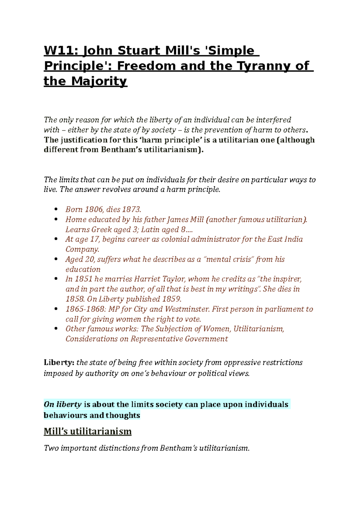 John Stuart Mill's 'Simple Principle' - W11: John Stuart Mill's 'Simple ...
