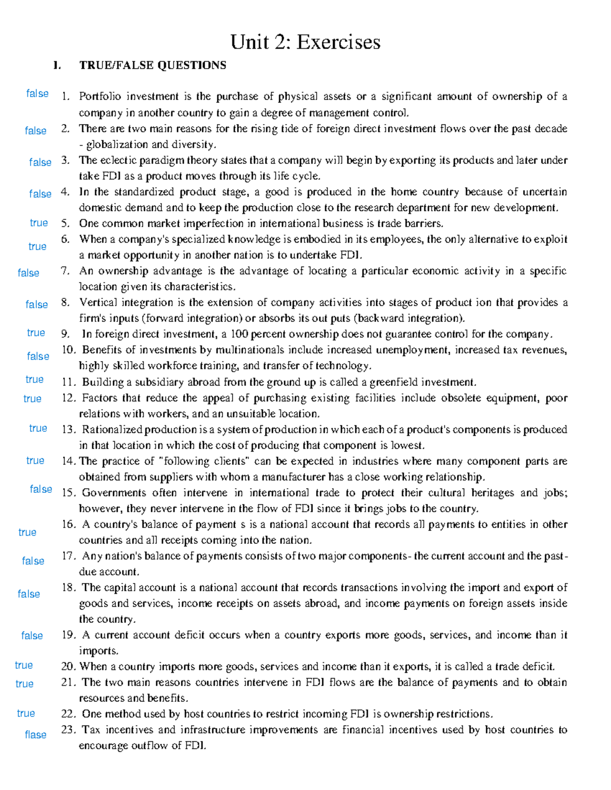 Unit 2 Exercises to sts - Summary - Unit 2: Exercises I. TRUE/FALSE ...