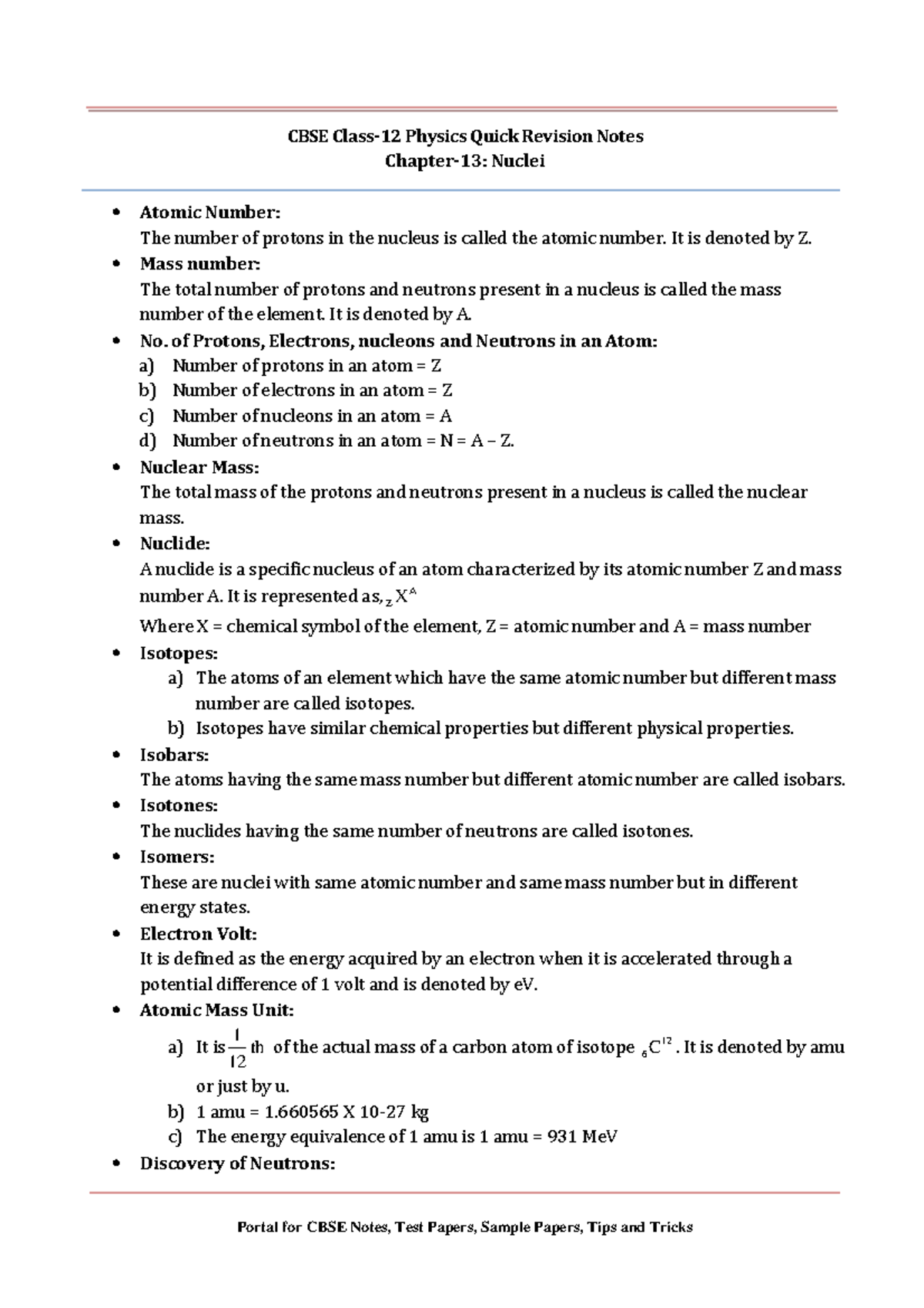 12 physics notes ch13 nuclei - CBSE Class-12 Physics Quick Revision ...