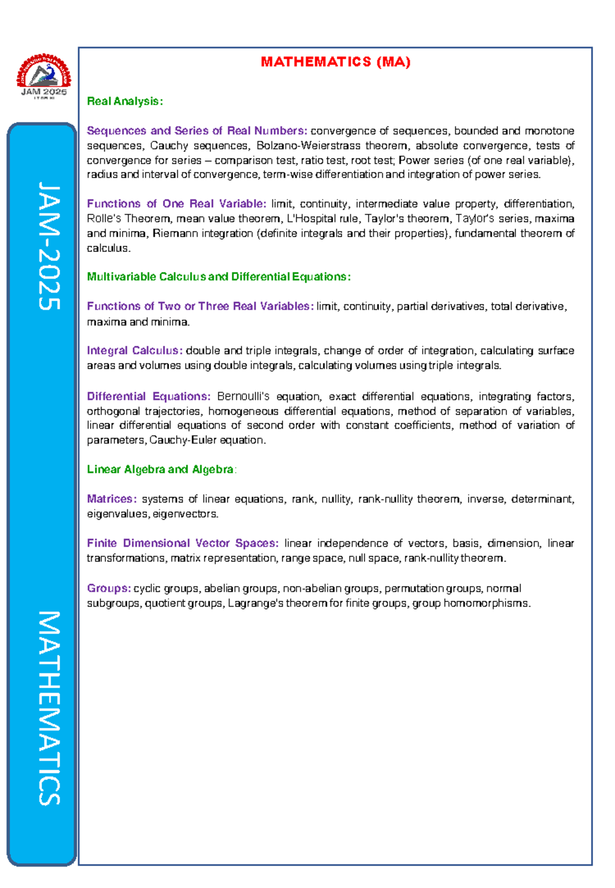 MA Syllabus - 2025 - JAM - 2025 MATHE M ATICS MATHEMATICS (MA) Real ...