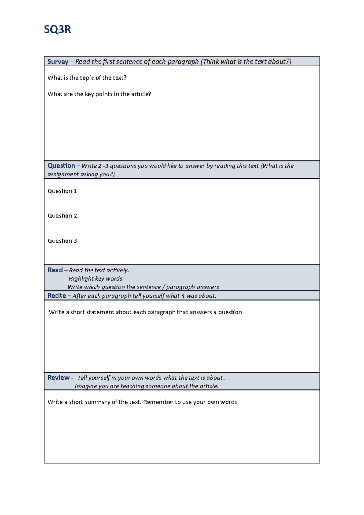 SQ3R Template - SQ3R Survey – Read the first sentence of each paragraph ...