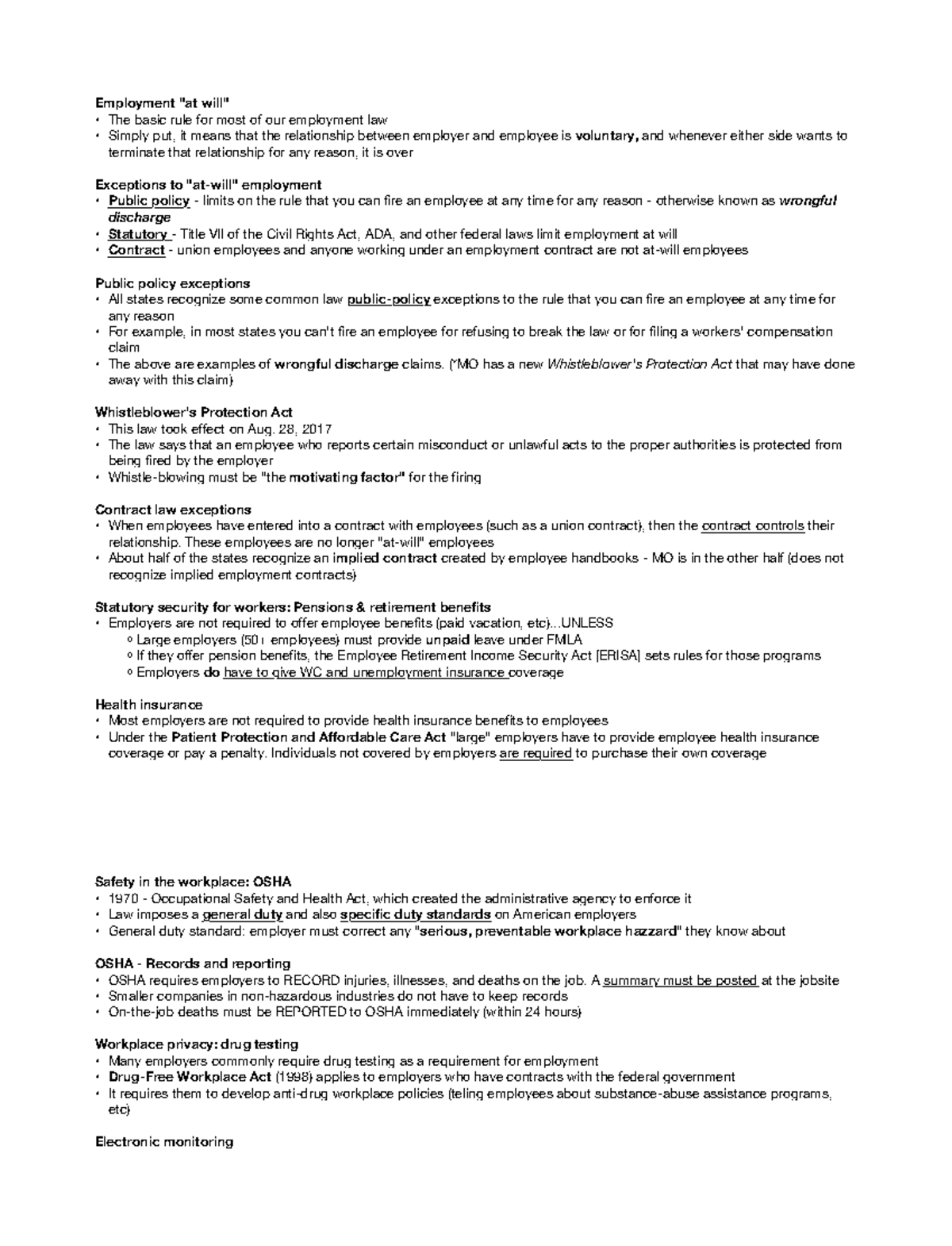 Chapter 11 - Employment "at will" The basic rule for most of our ...