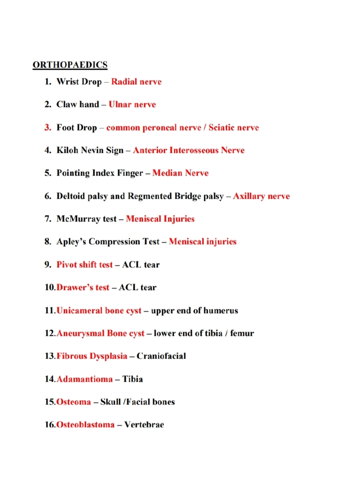 Ortho - One liners for MCQ preparation - Medicine - Studocu