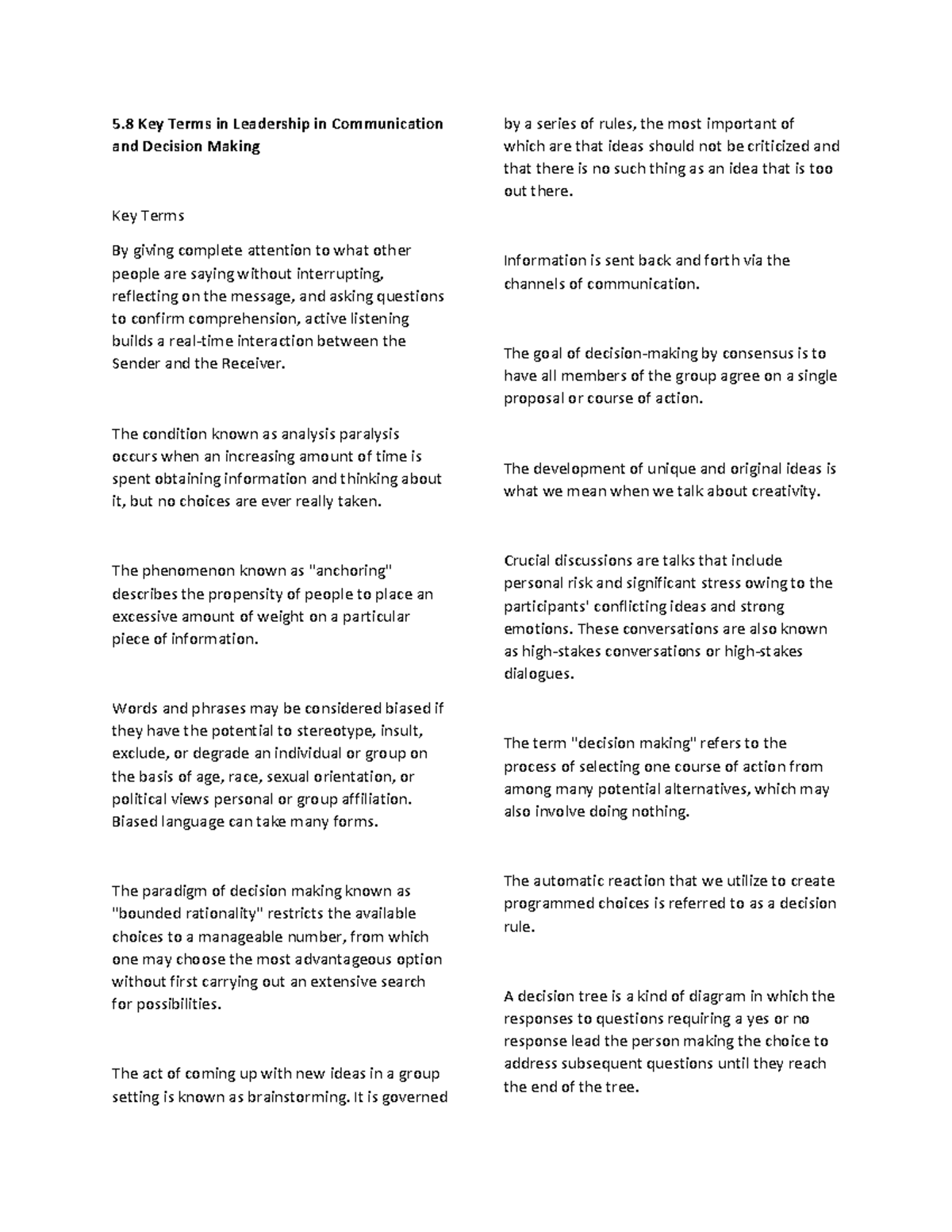 5 8 Key Terms In Leadership In Communication And Decision Making The