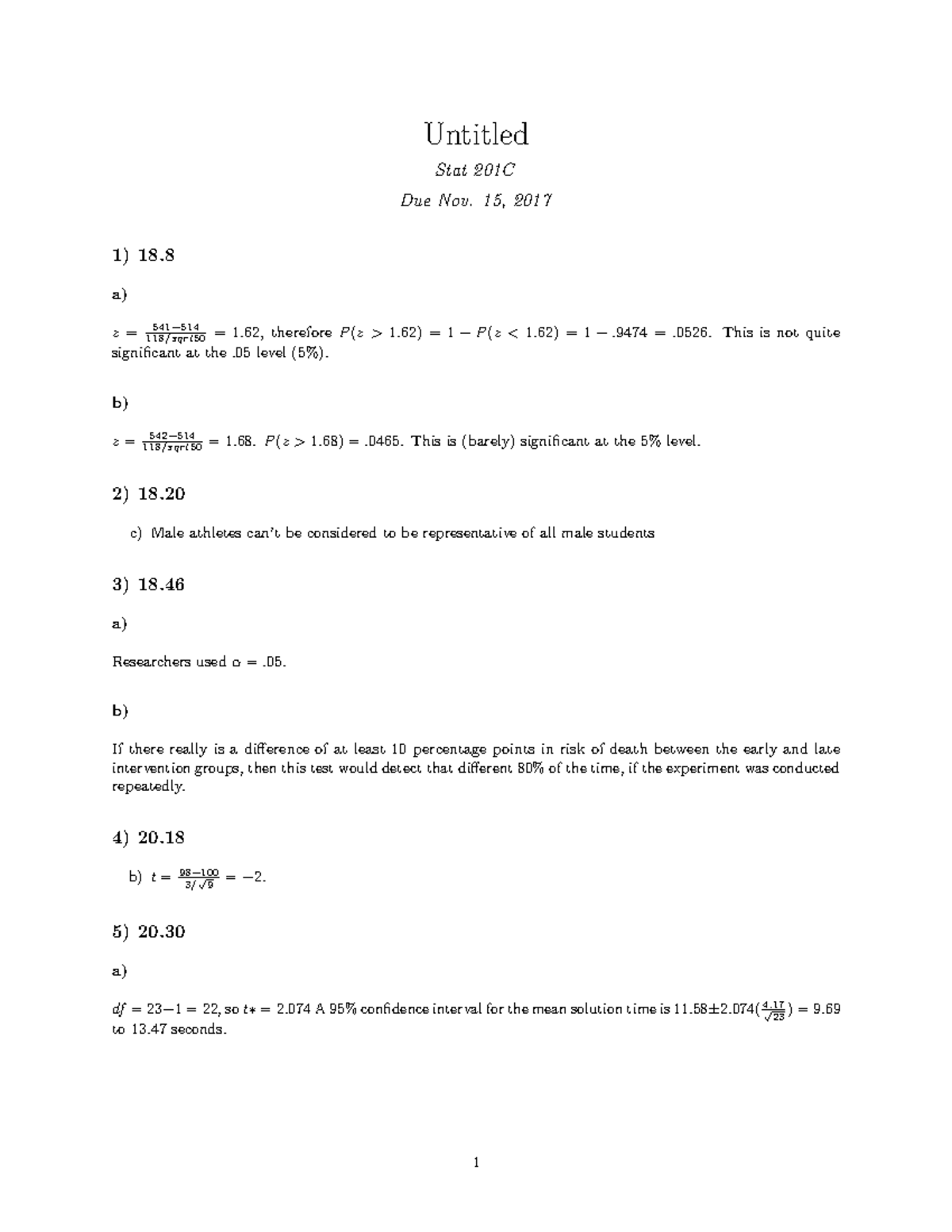[STAT] Assignment 4 - STAT 201 C100 - Fall 2017 - Solutions - Untitled Stat 201C Due Nov. 15 ...