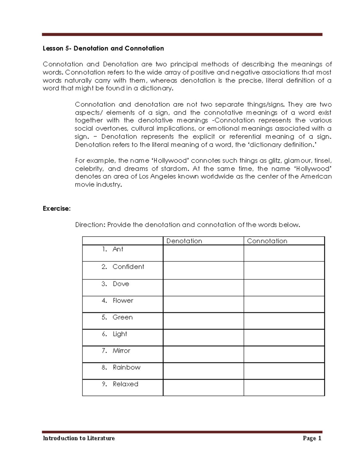 Lesson 3 Denotation and Connotation - Introduction to Literature Page 1 ...