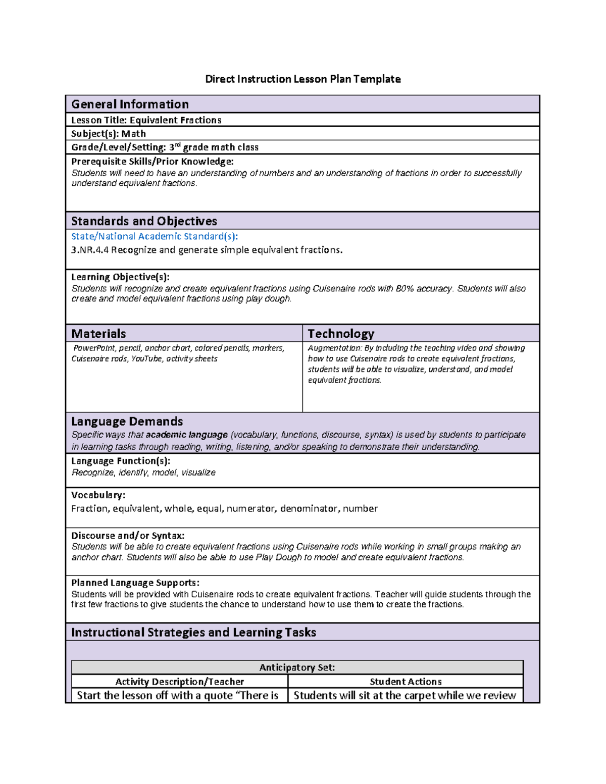 Math lesson plan fractions - Direct Instruction Lesson Plan Template ...