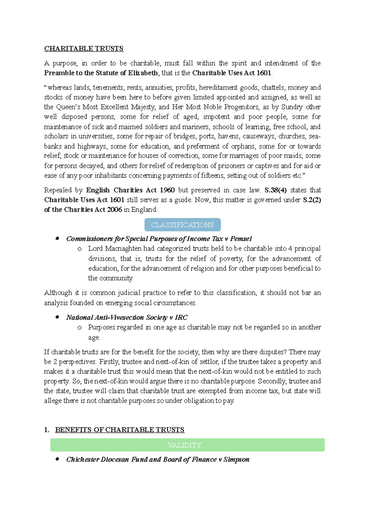 8 - Charitable Trusts - Lecture notes 8 - CHARITABLE TRUSTS A purpose ...