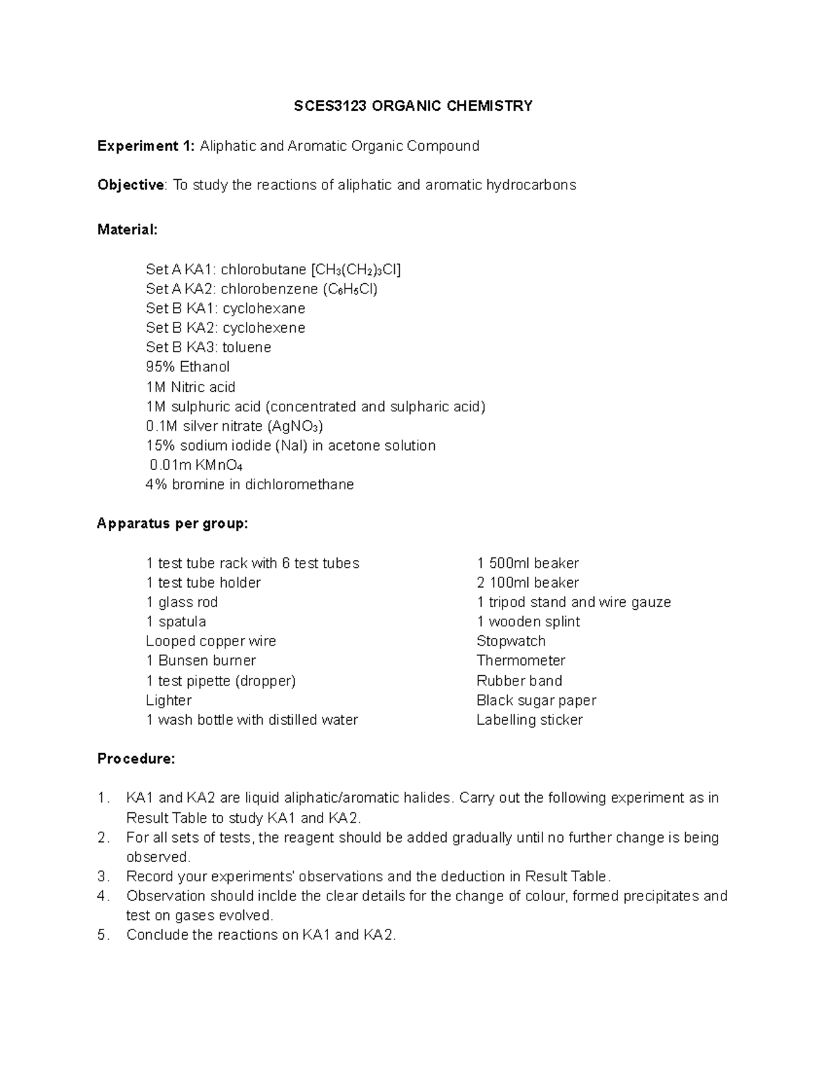 Chem Prac.1 Procedure - SCES3123 ORGANIC CHEMISTRY Experiment 1 ...