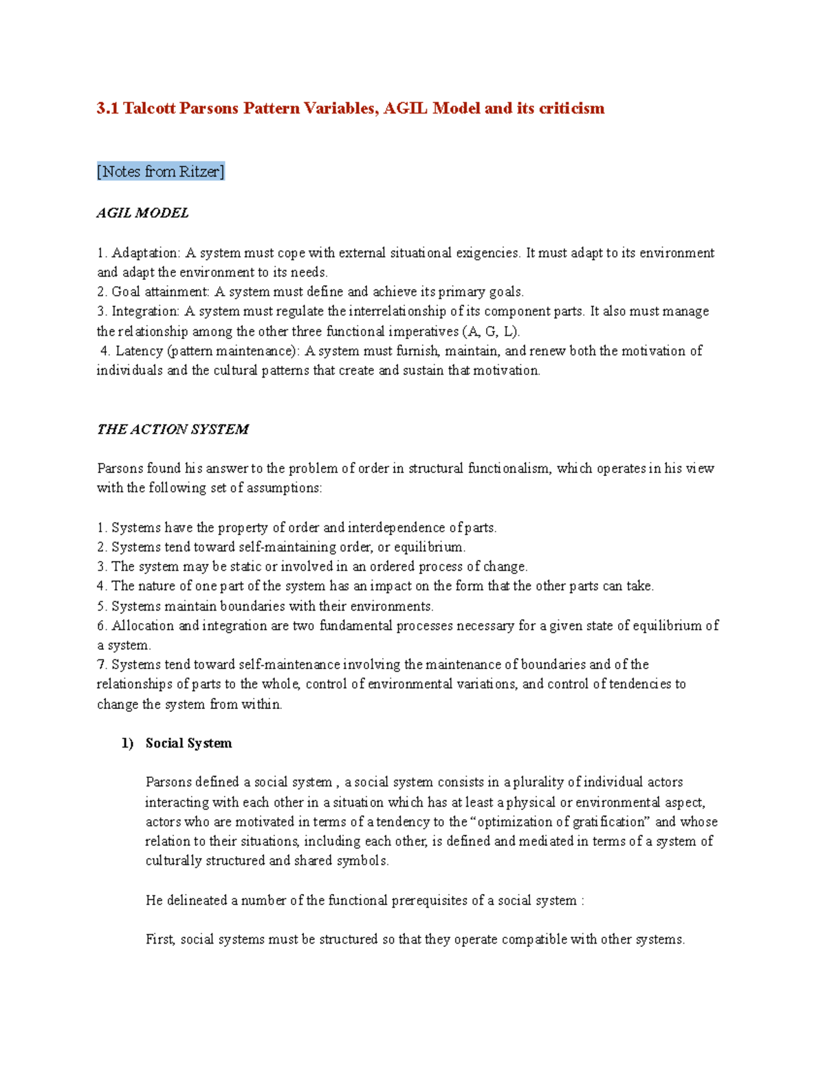 Sociology 2 Notes - 3 Talcott Parsons Pattern Variables, AGIL Model and ...