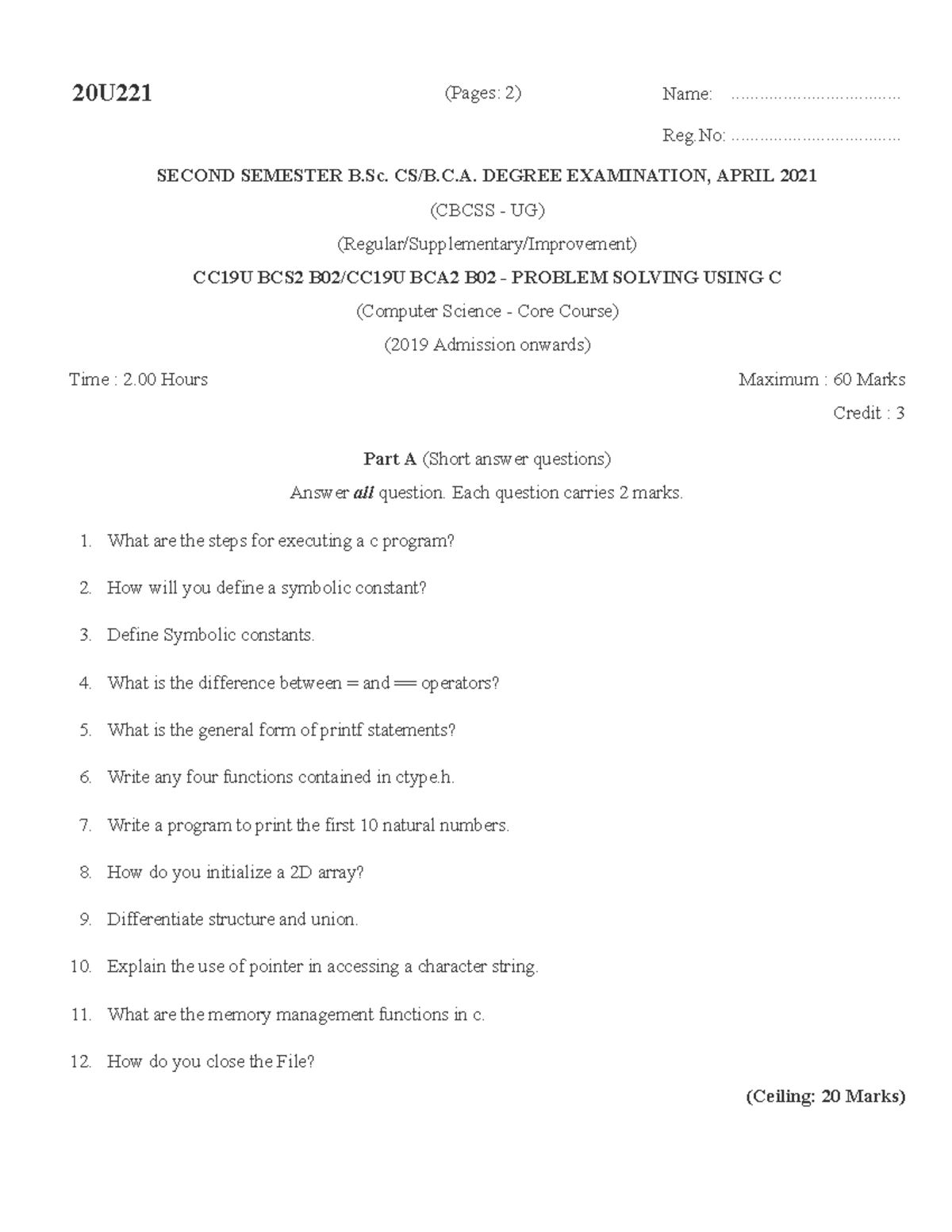 Bca2 B02 Problem Solving Using C Maximum 60 Marks Credit 3