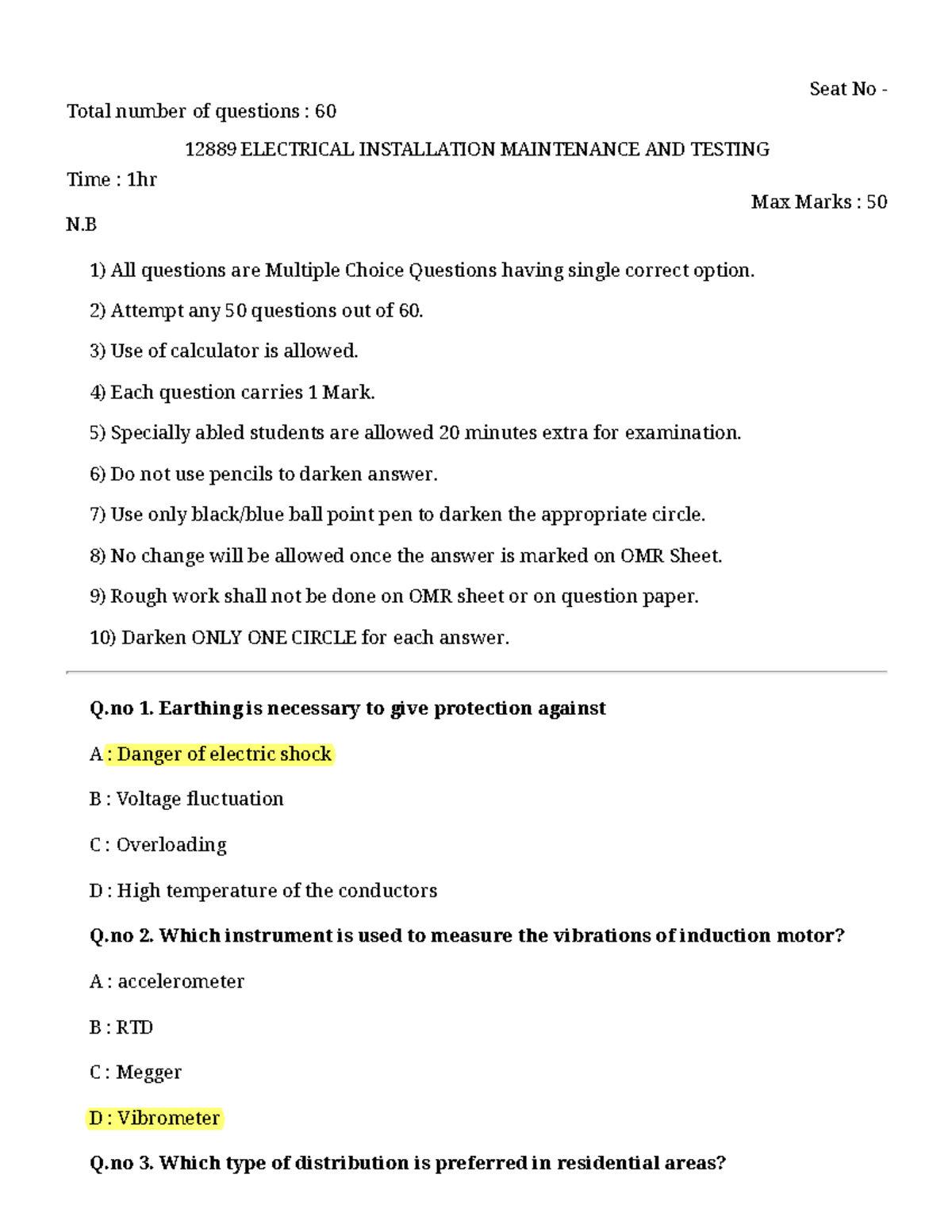 MCQ Electrical installation - Total number of questions : 60 Seat No ...