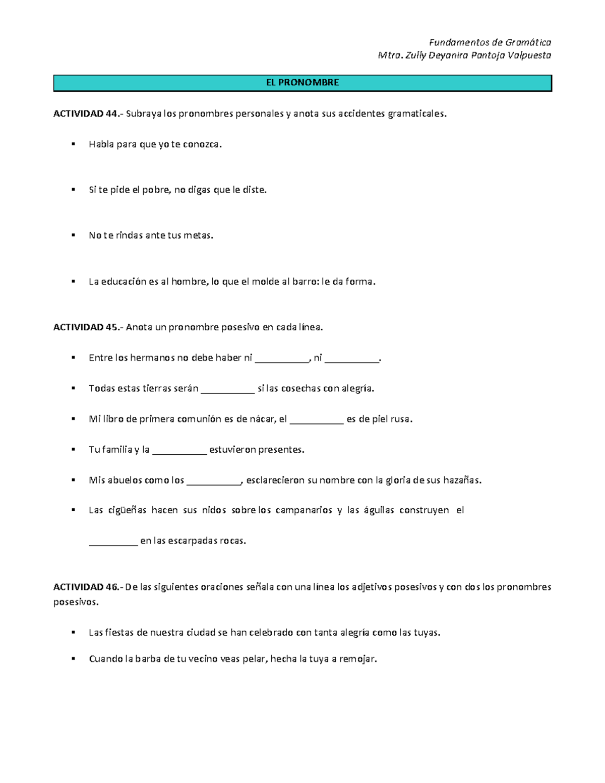 Actividades Pronombre Y Verbo - Mtra. Zully Deyanira Pantoja Valpuesta ...