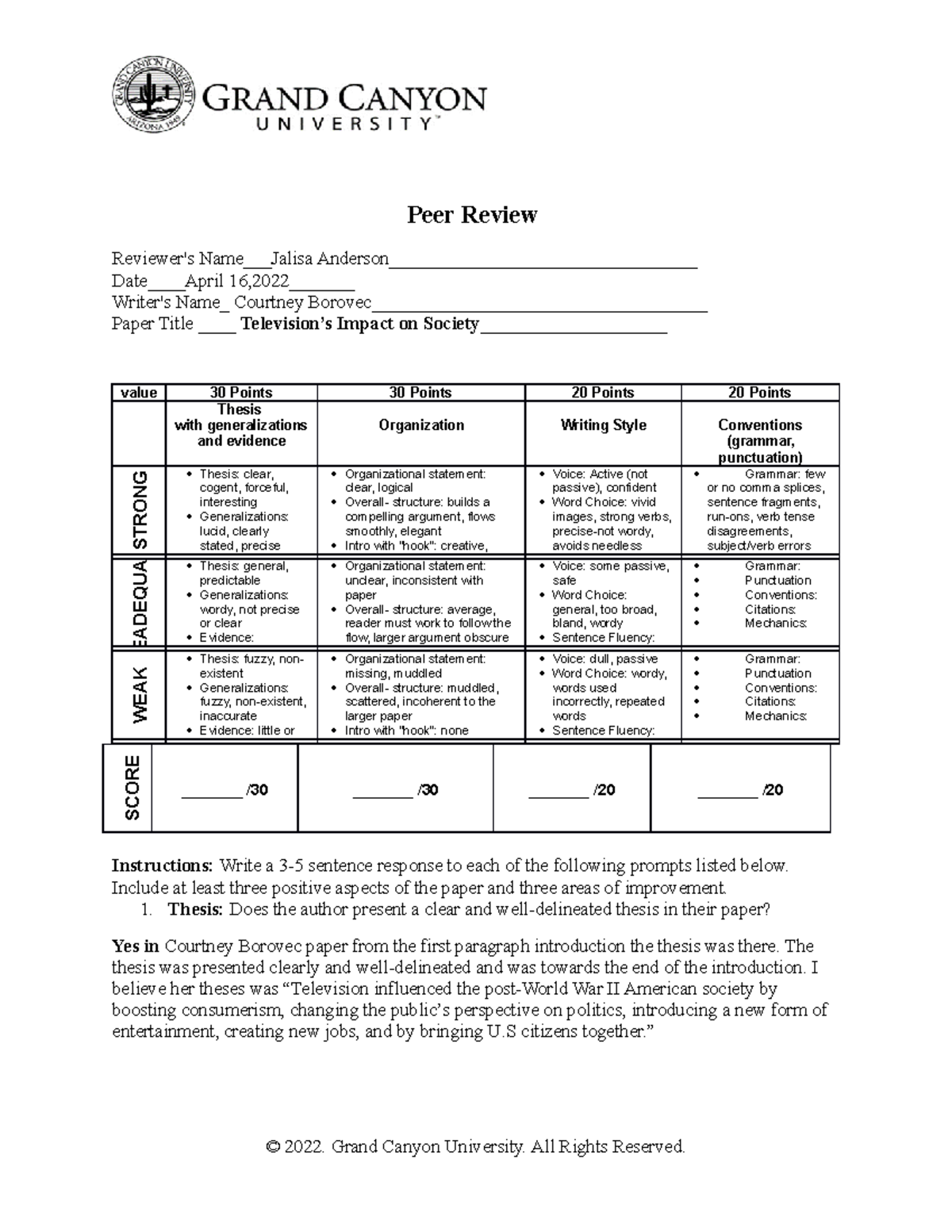 HIS-450 Peer Review Alt Worksheet - Peer Review Reviewer's Name ...