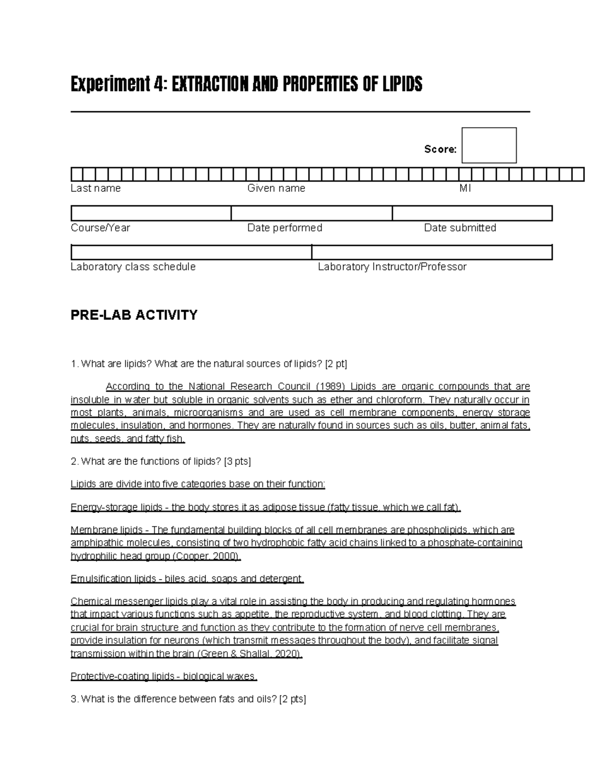 Experiment 4 Lipids Pre Lab - Experiment 4: EXTRACTION AND PROPERTIES ...