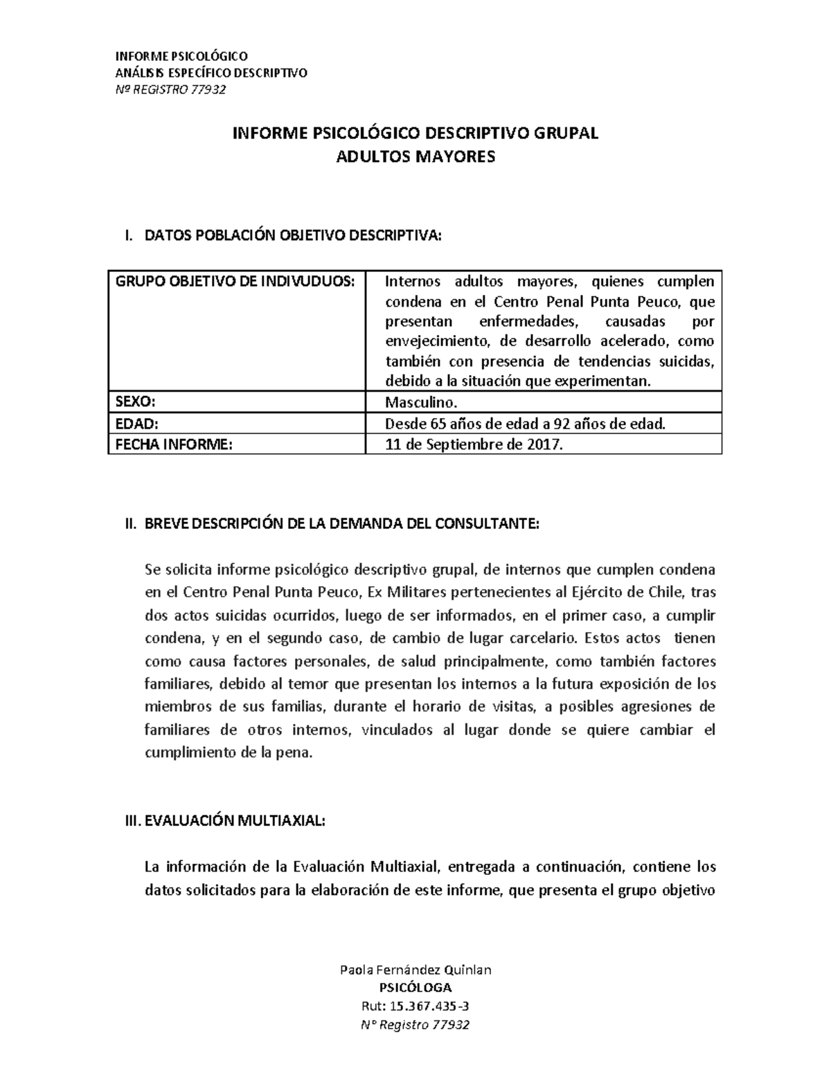 Informe Psicológico Descriptivo Internos Adultos Mayores - AN¡LISIS ESPECÕFICO DESCRIPTIVO N∫ ...