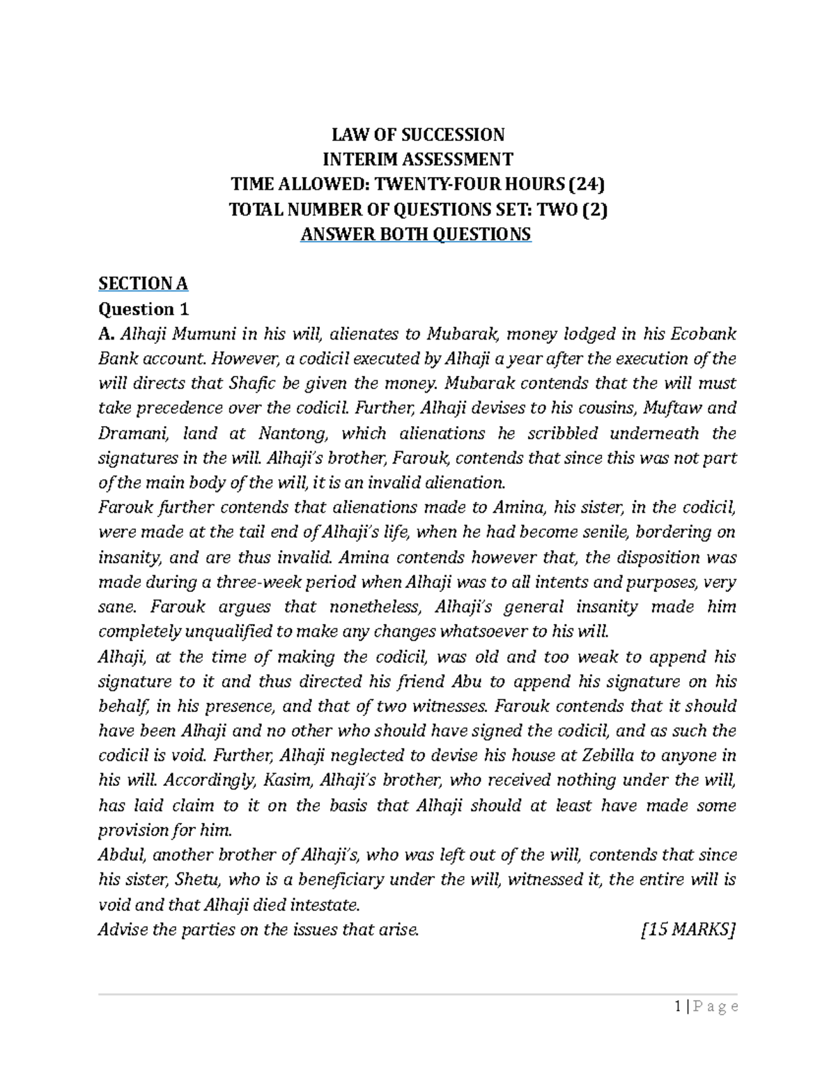 Succession IA - LAW OF SUCCESSION INTERIM ASSESSMENT TIME ALLOWED ...