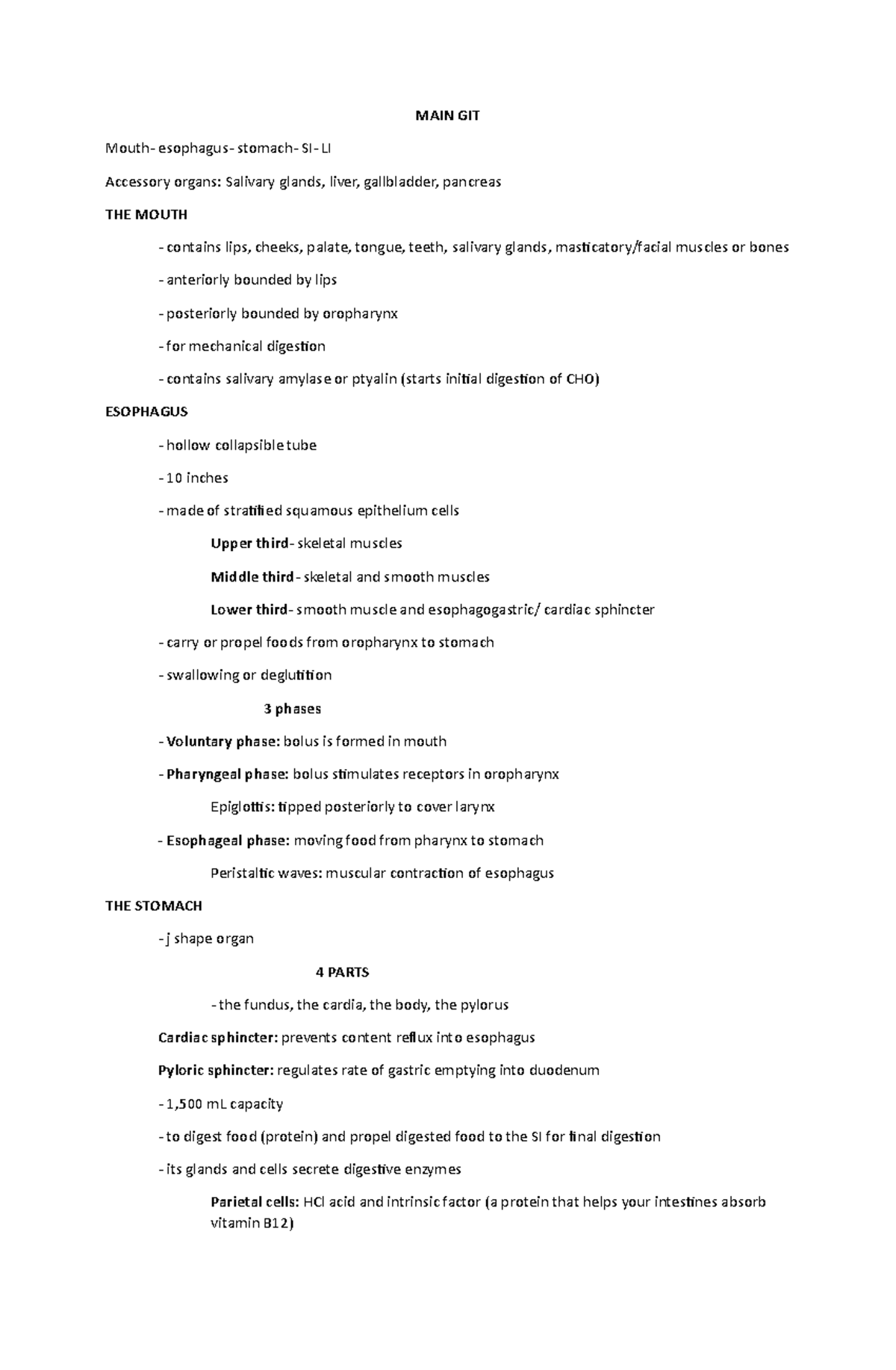 MAIN GIT - Summary Bachelor of Science in Nursing - MAIN GIT Mouth- esophagus- stomach- SI- LI ...
