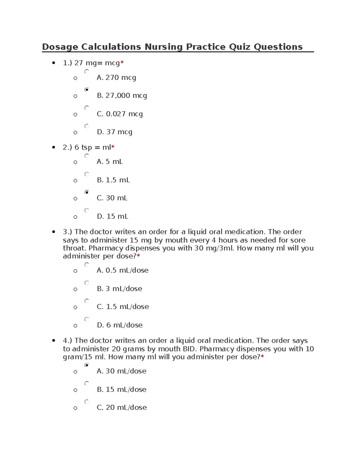 Dosage Calculations Nursing Practice Quiz Questions - ) 27 mg= mcg* o A ...