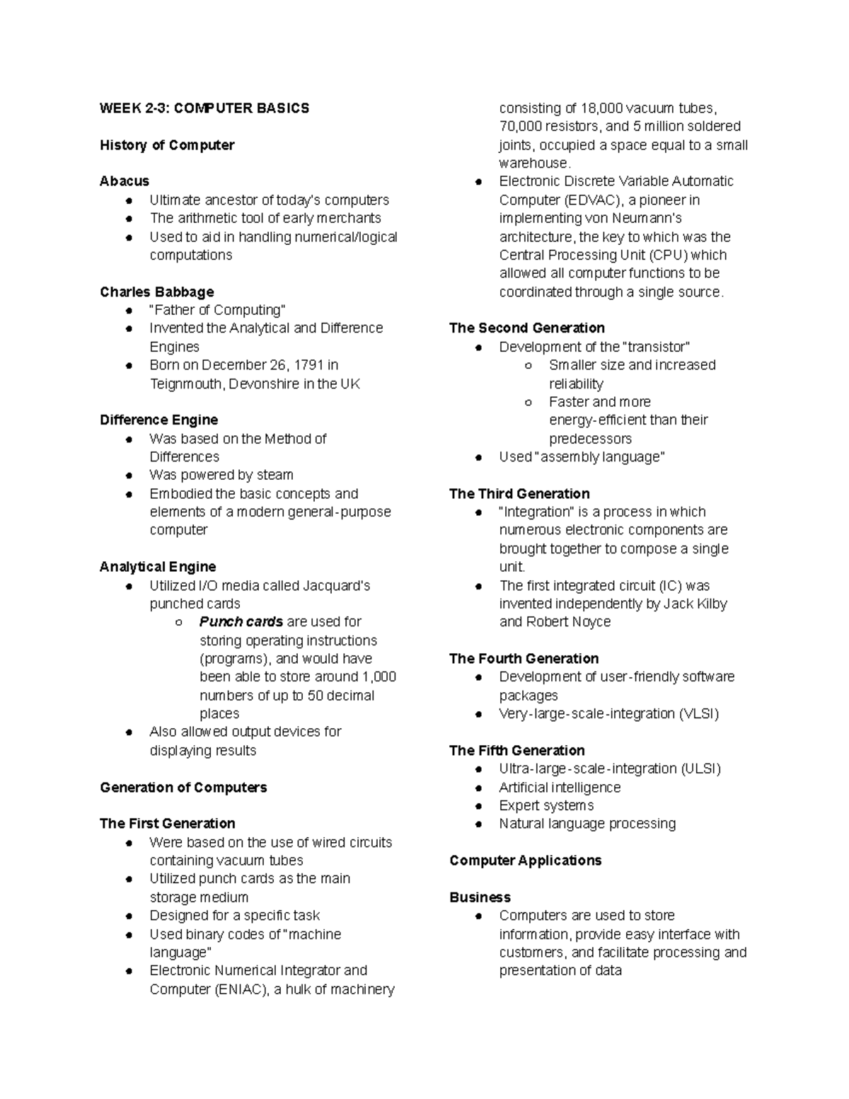 IT Reviewer - Summary IT Elective 4 - WEEK 2-3: COMPUTER BASICS History ...